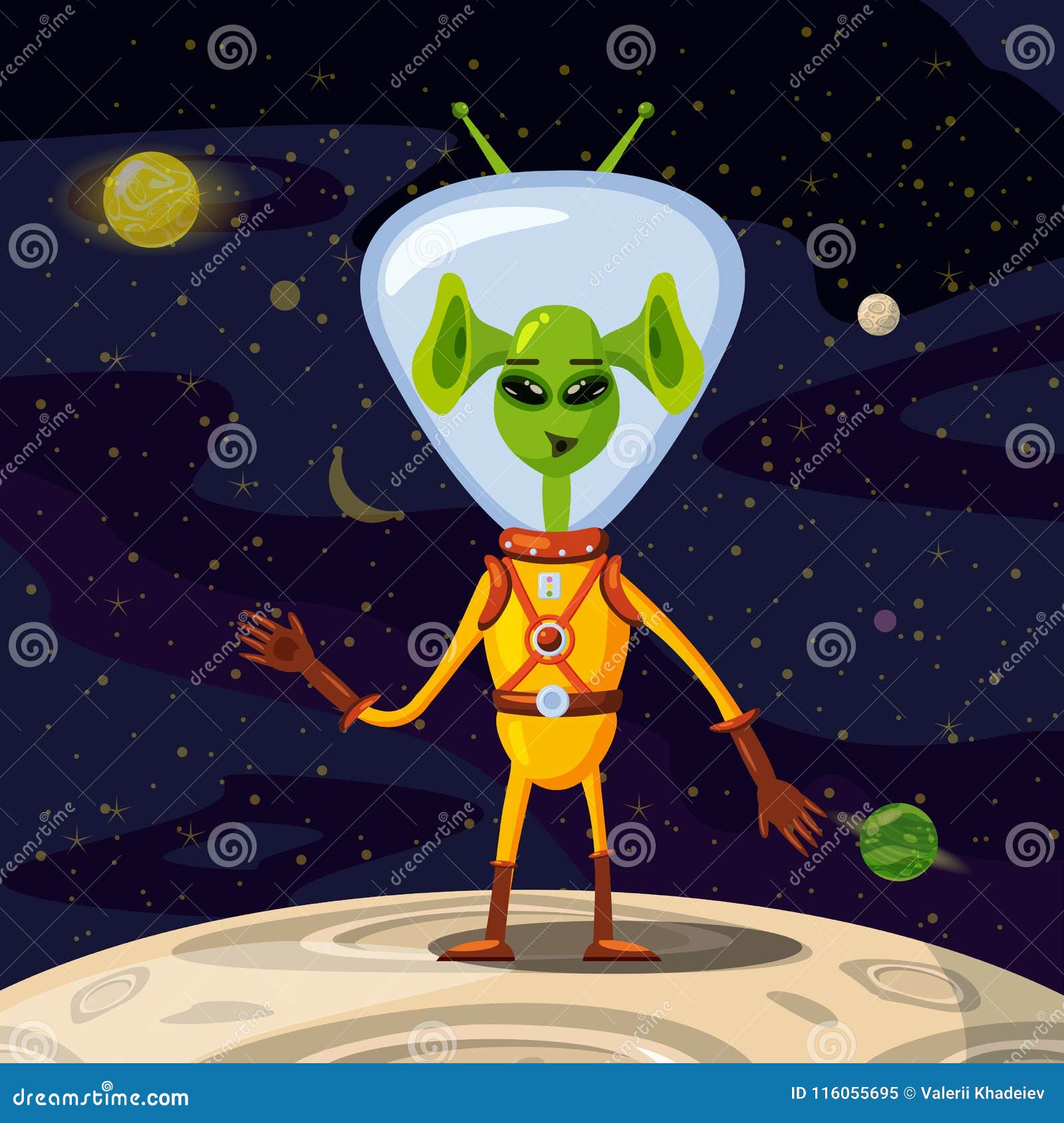 Alien in a Spacesuit, Cartoon Style, Background Space, Vector Stock ...