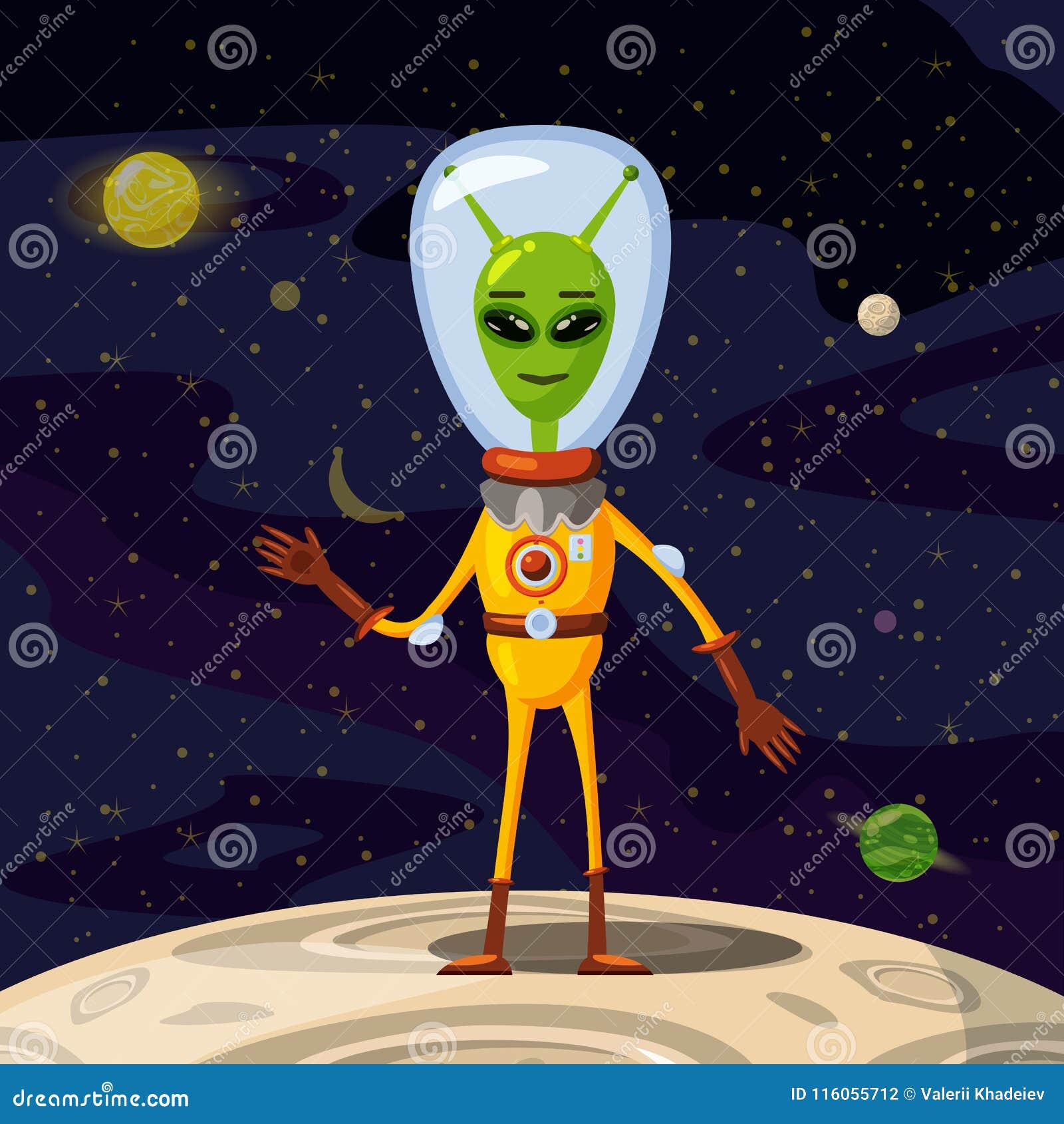 Alien in a Spacesuit, Cartoon Style, Background Space, Vector Stock ...