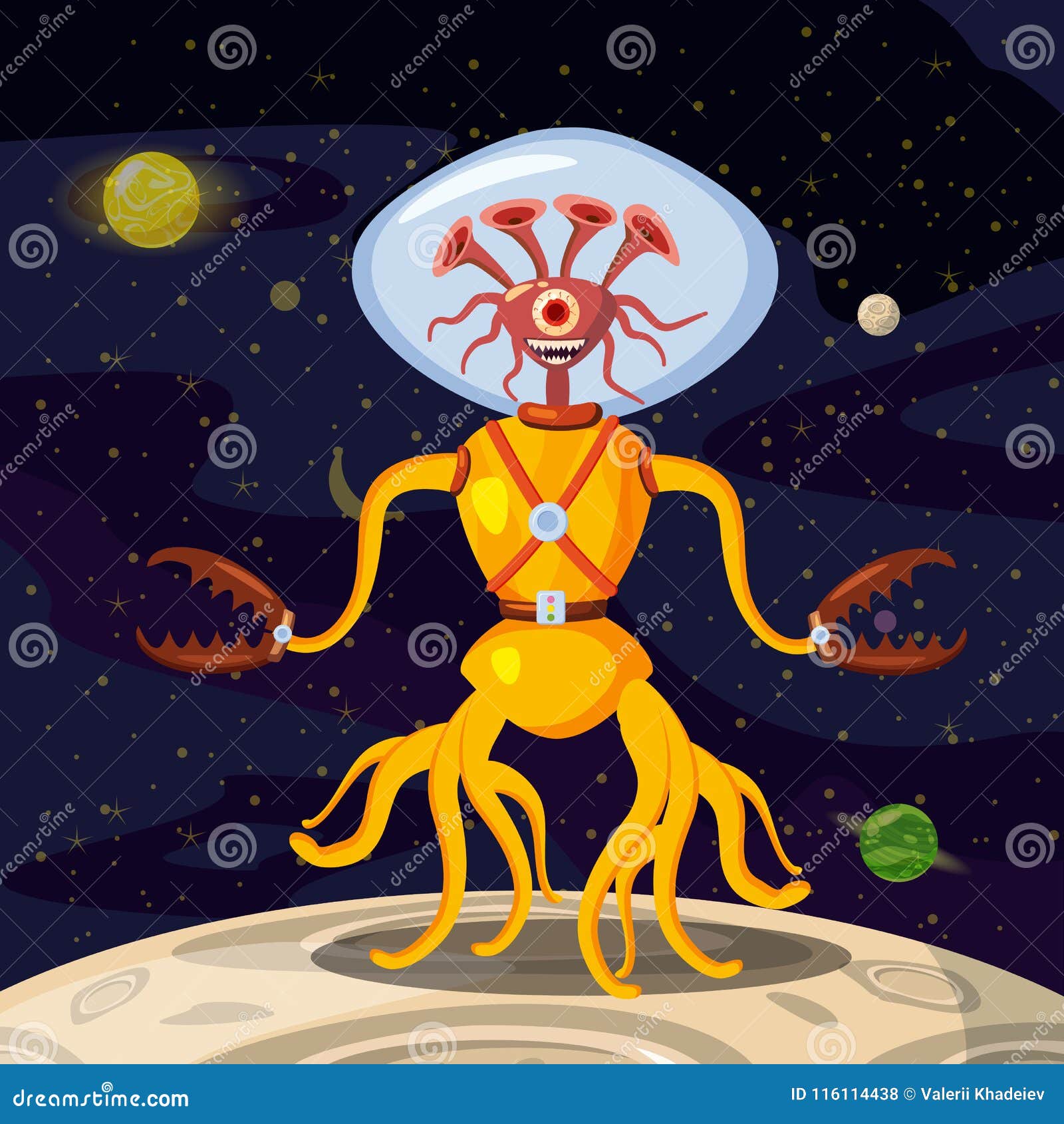 Alien in a Spacesuit, Cartoon Style, Background Space, Vector Stock ... Alien in a Spacesuit, Cartoon Style, Background Space, Vector Stock ...