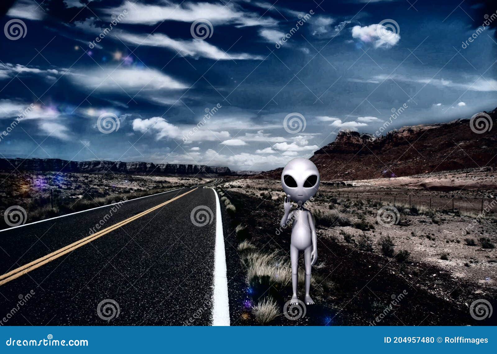 Alien on Highway stock illustration. Illustration of creature - 204957480