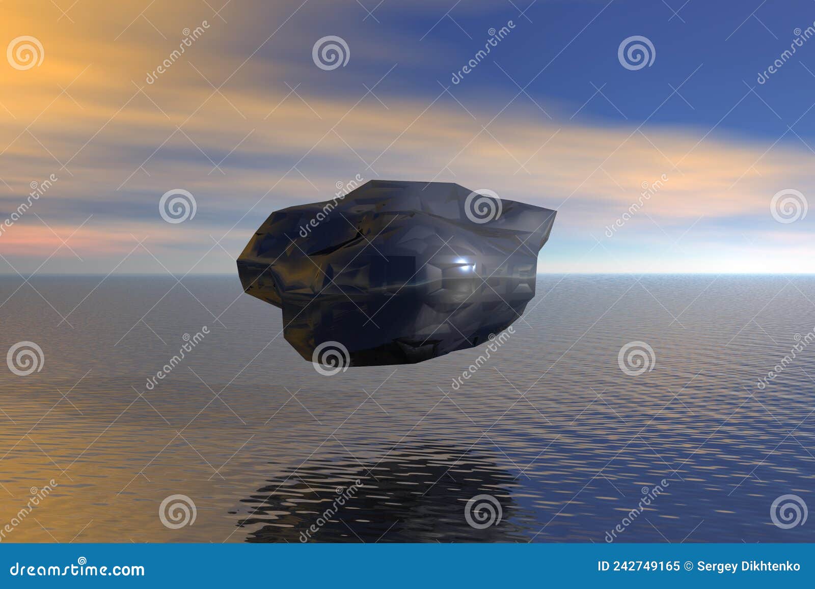 Alien Stone Over Ocean Blue and Yellow Sky 3d Rendering Stock ...