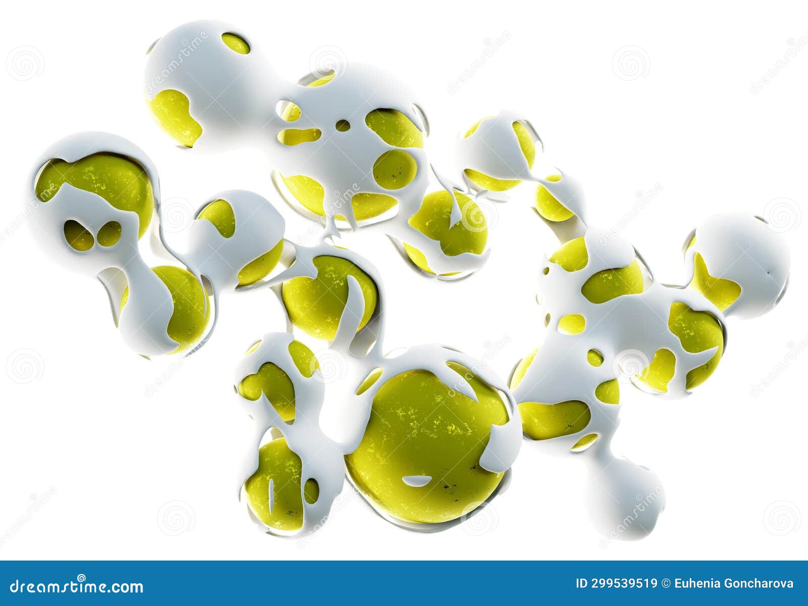 Alien Structure Made of Yellow Metal Spheres and Flowing White Liquid ...