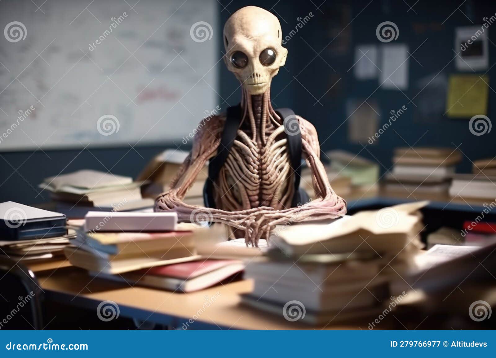 Alien Student, with Books and Notes, in Classroom Full of Human ...