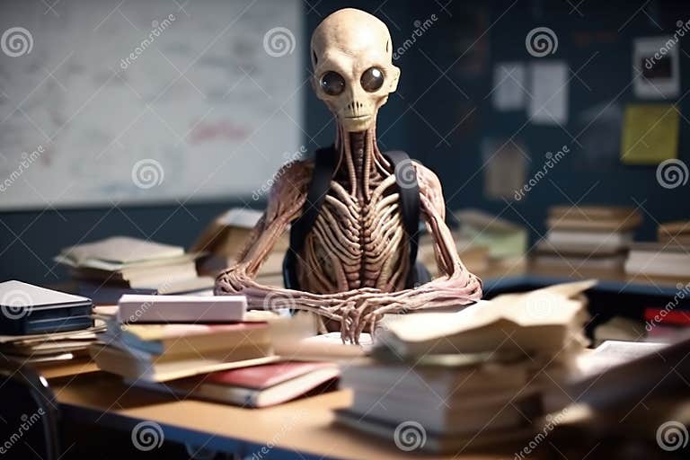 Alien Student, with Books and Notes, in Classroom Full of Human ...