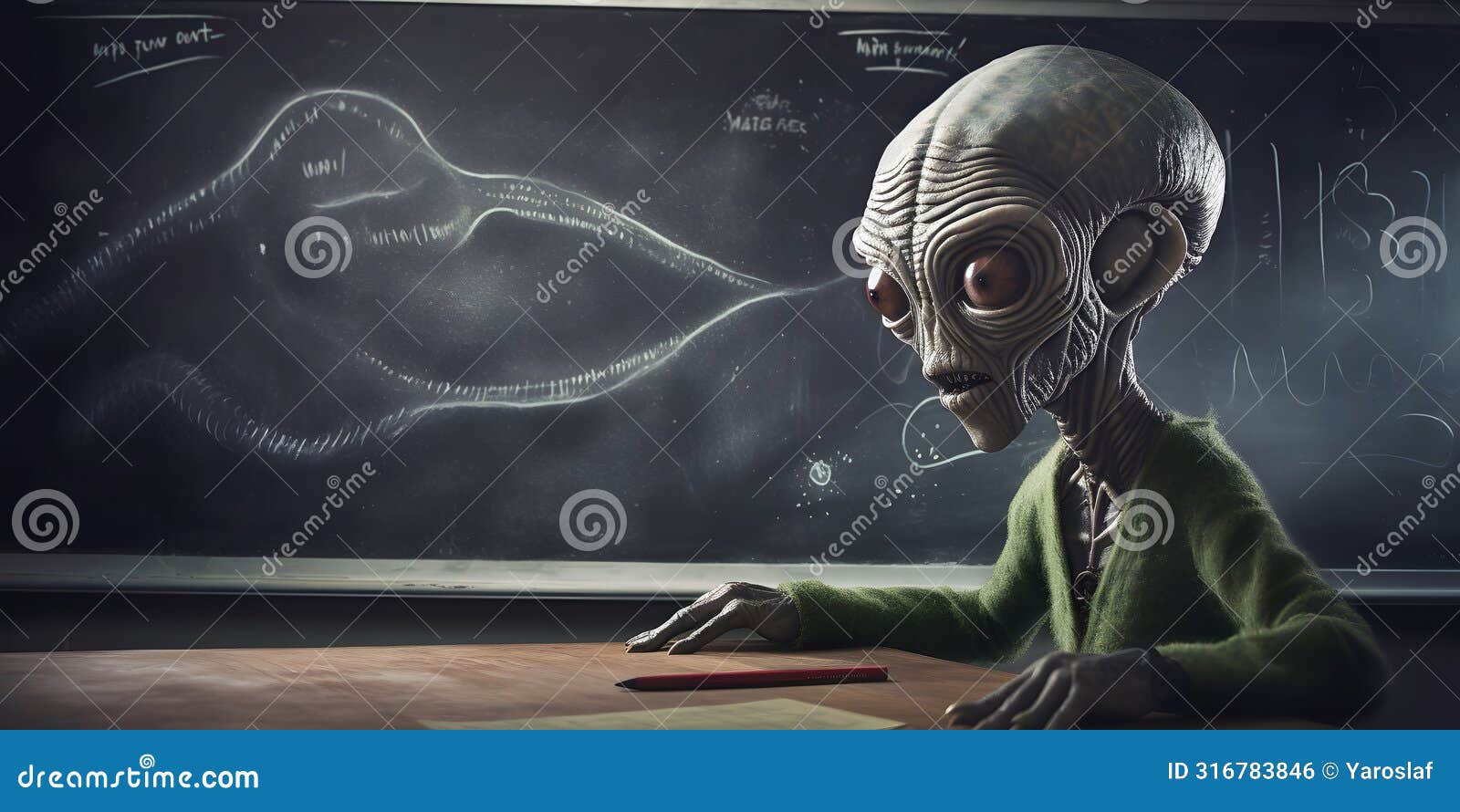 Alien Student Sits at Table Against Blackboard with Notations. Alien ...