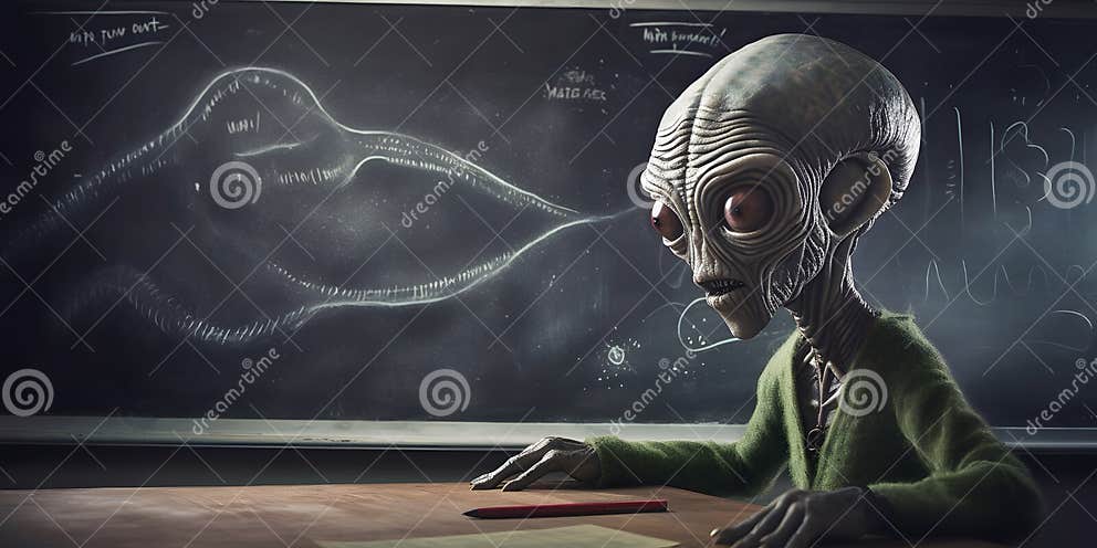 Alien Student Sits at Table Against Blackboard with Notations. Alien ...