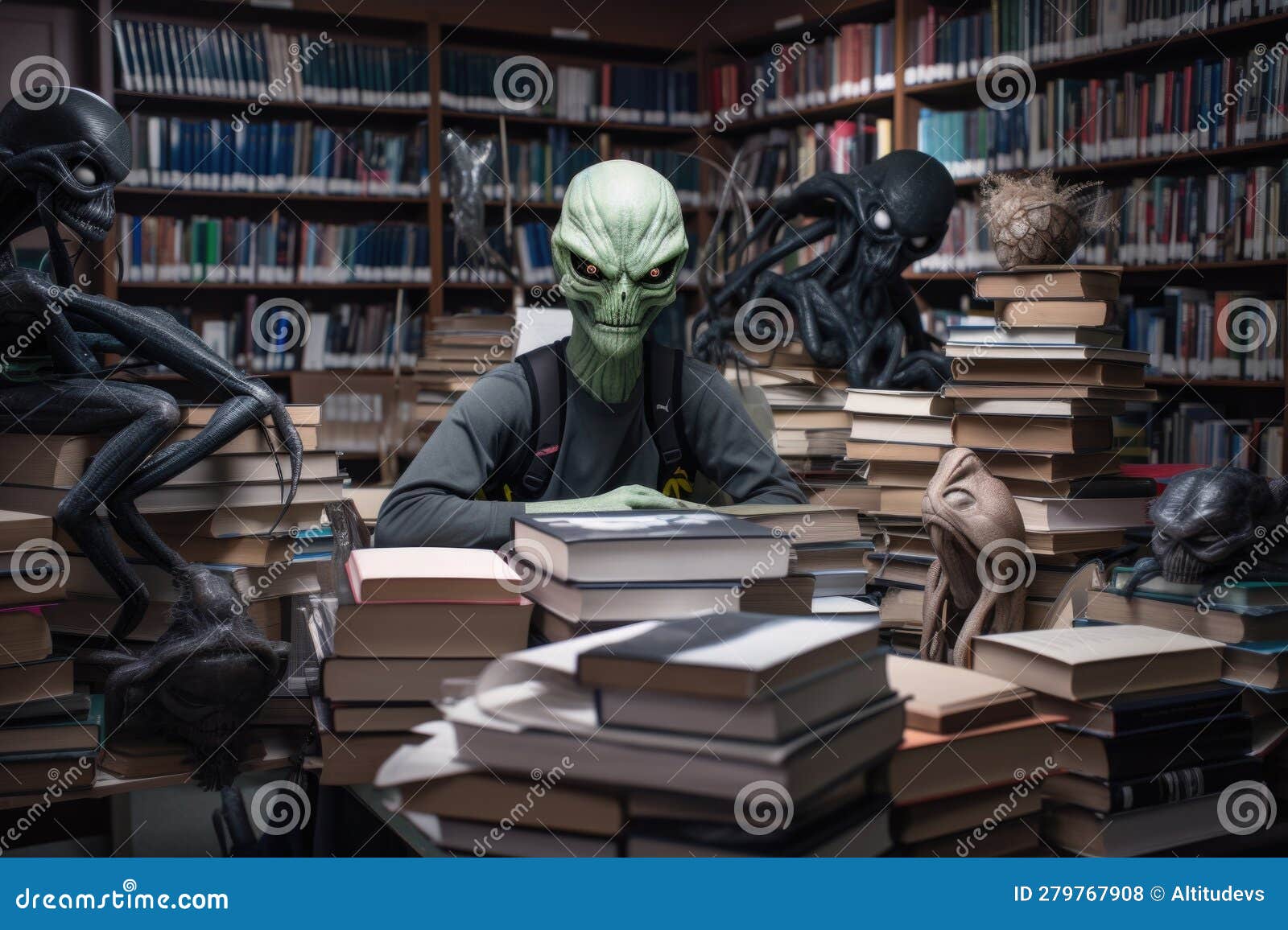 Alien Student, Surrounded by Books and Notebooks, in the Library Stock ...