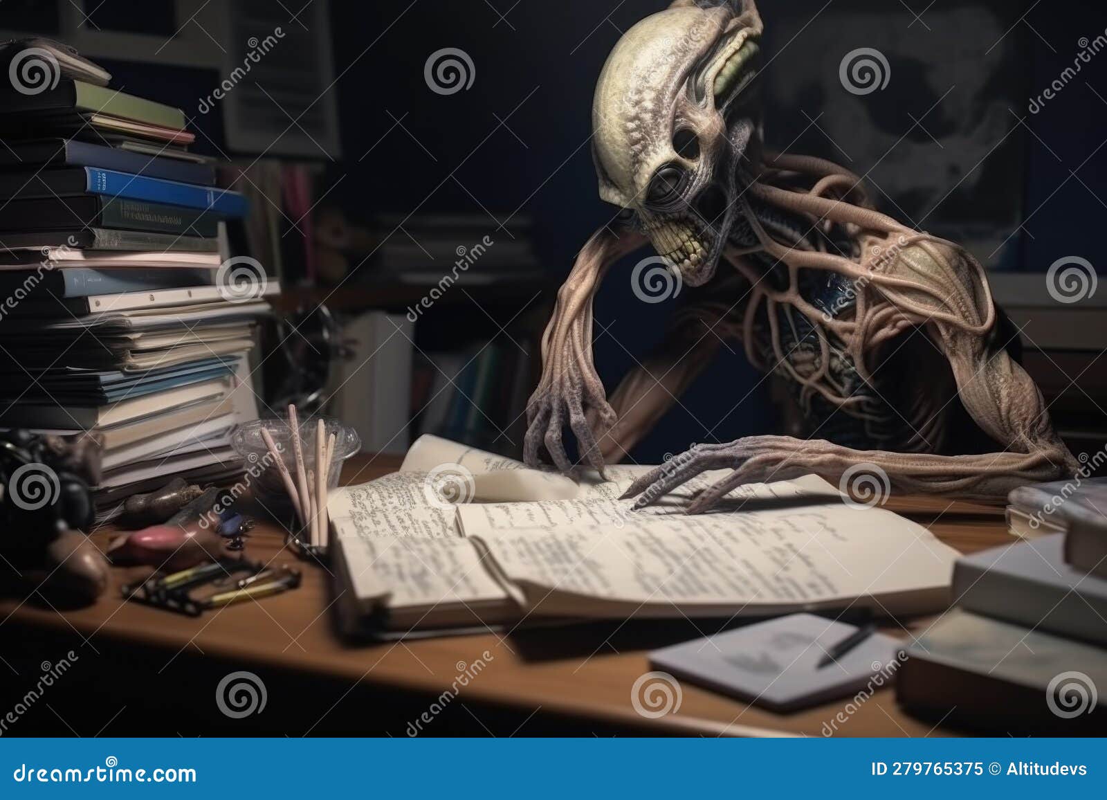 Alien Student, Surrounded by Books and Notes, Studying Hard for Exams ...