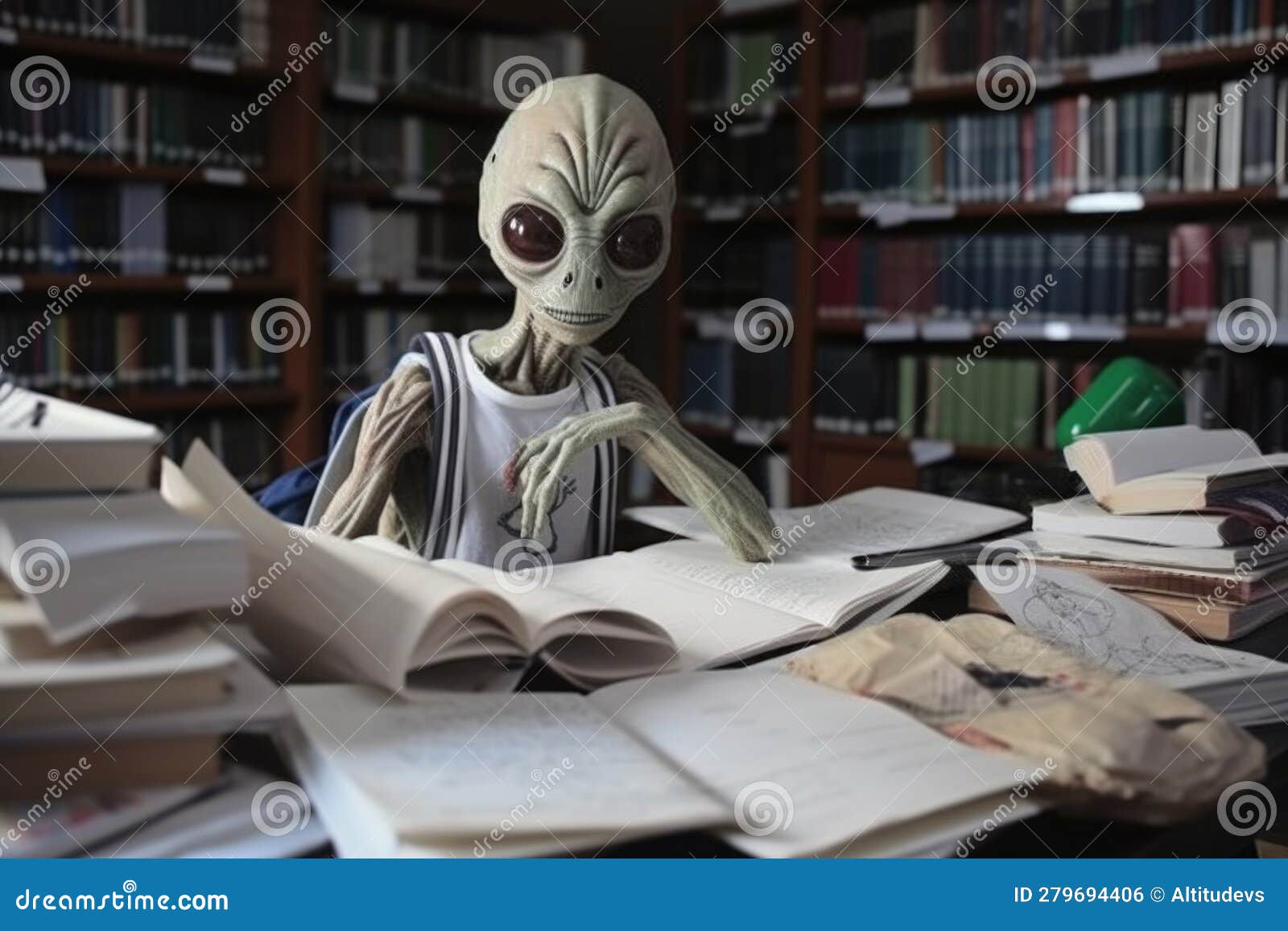 Alien Student, Surrounded by Books and Notes, Studying in the Library ...
