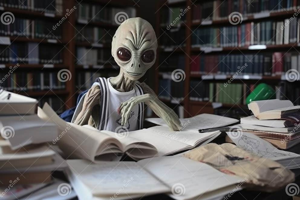Alien Student, Surrounded by Books and Notes, Studying in the Library ...
