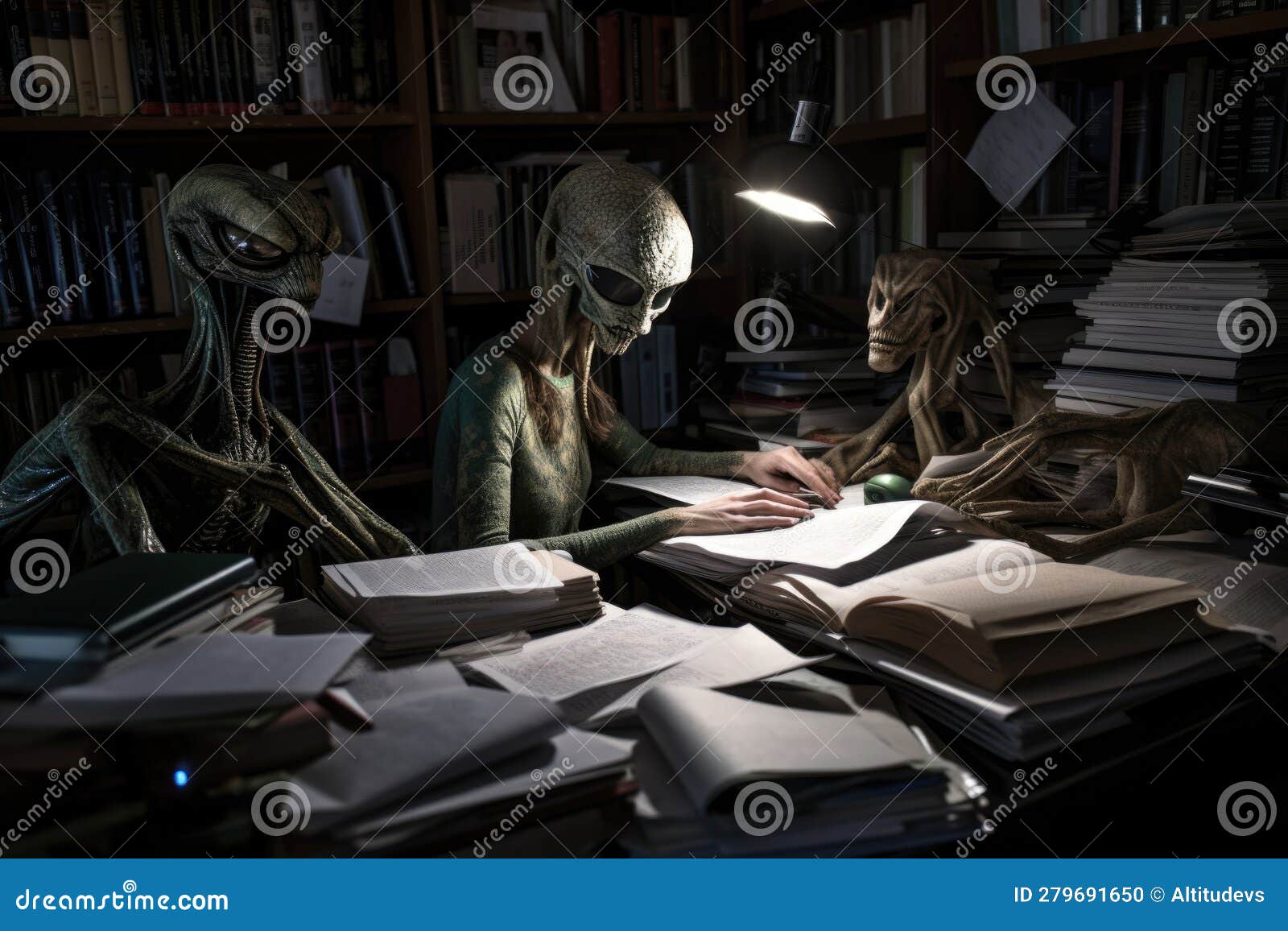 Alien Student, Surrounded by Books and Papers, Studying in the Library ...