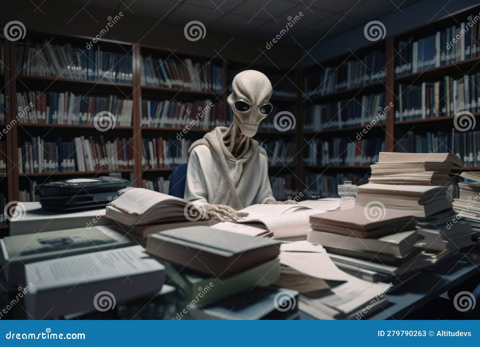 Alien Student, Surrounded by Books and Papers, Studying in the Library ...