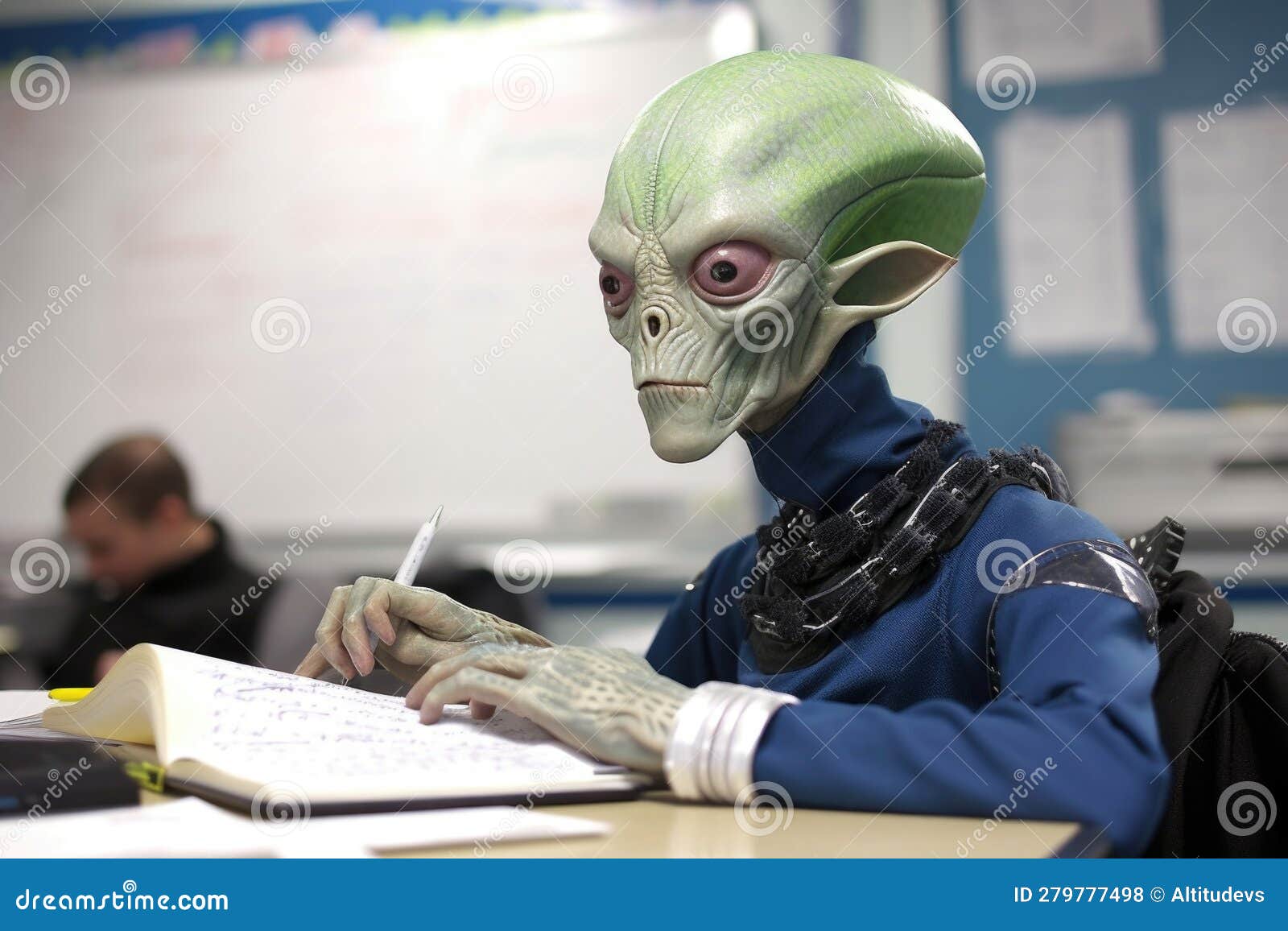 Alien Student, Taking Notes while Teacher Lectures, in Classroom ...