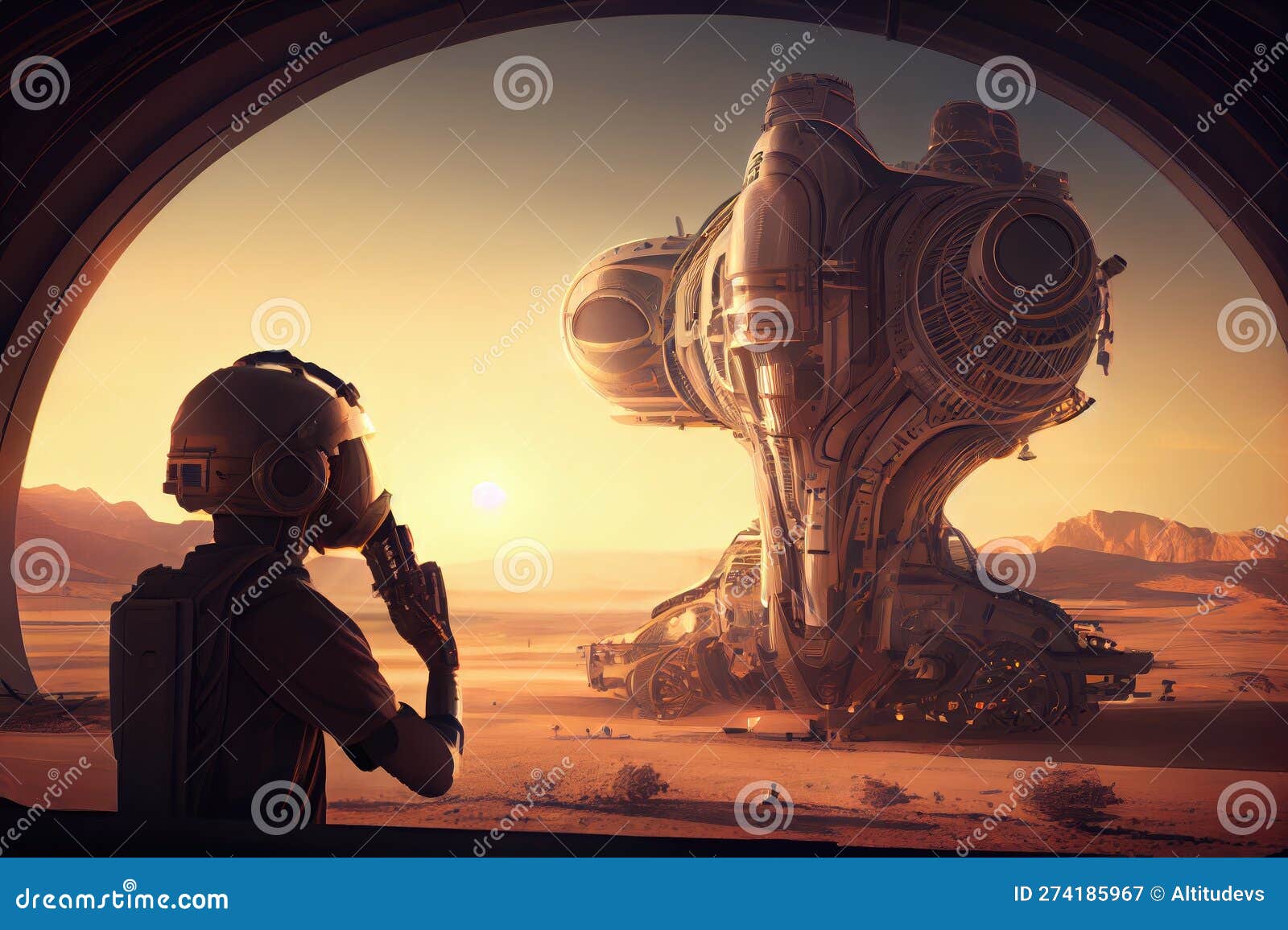Alien Technician Inspecting Ufo Engine, with View of Futuristic ...
