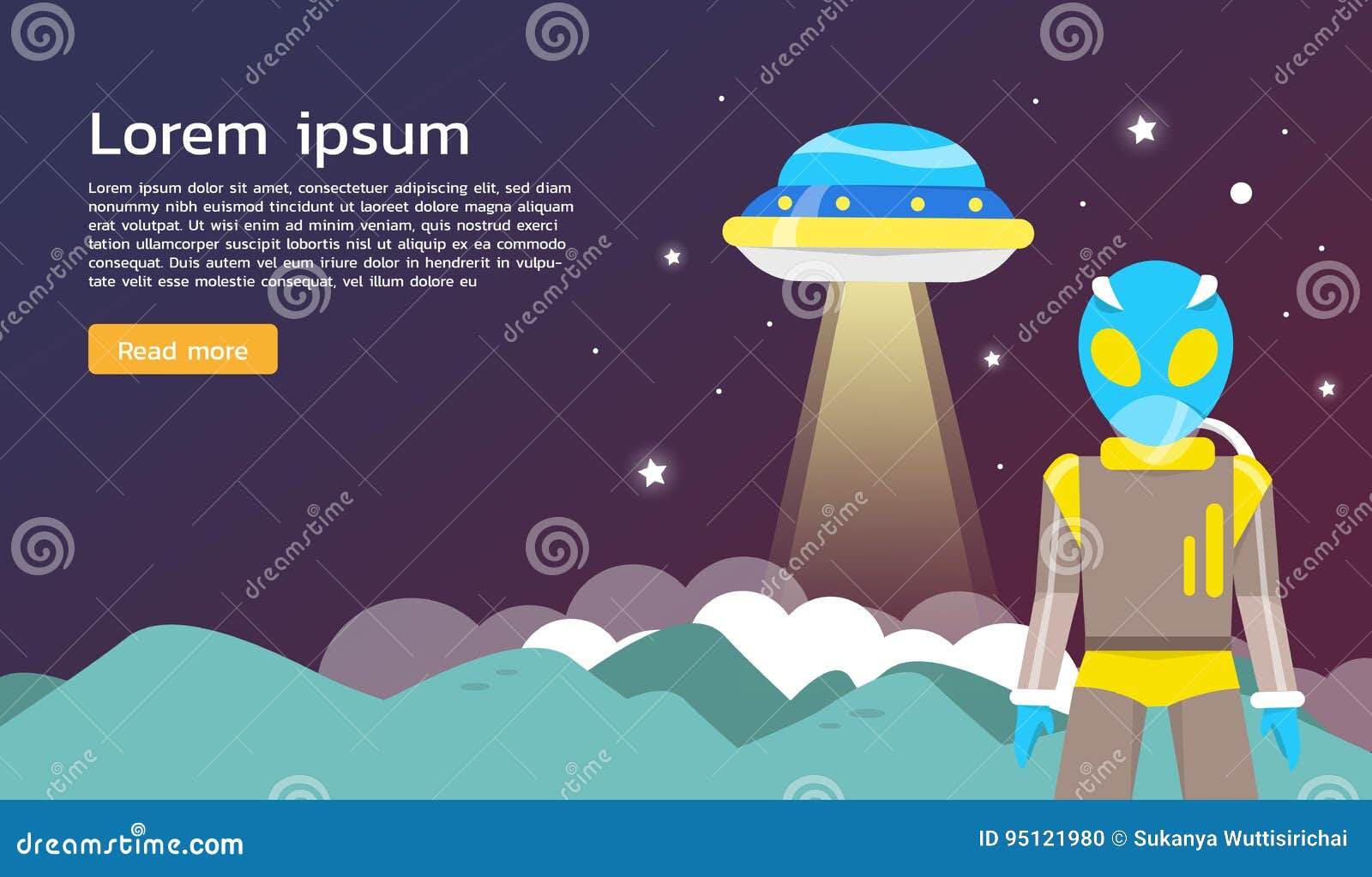 Alien with Ufo Exploring Around Planet Infographics Flat Design. Stock ...