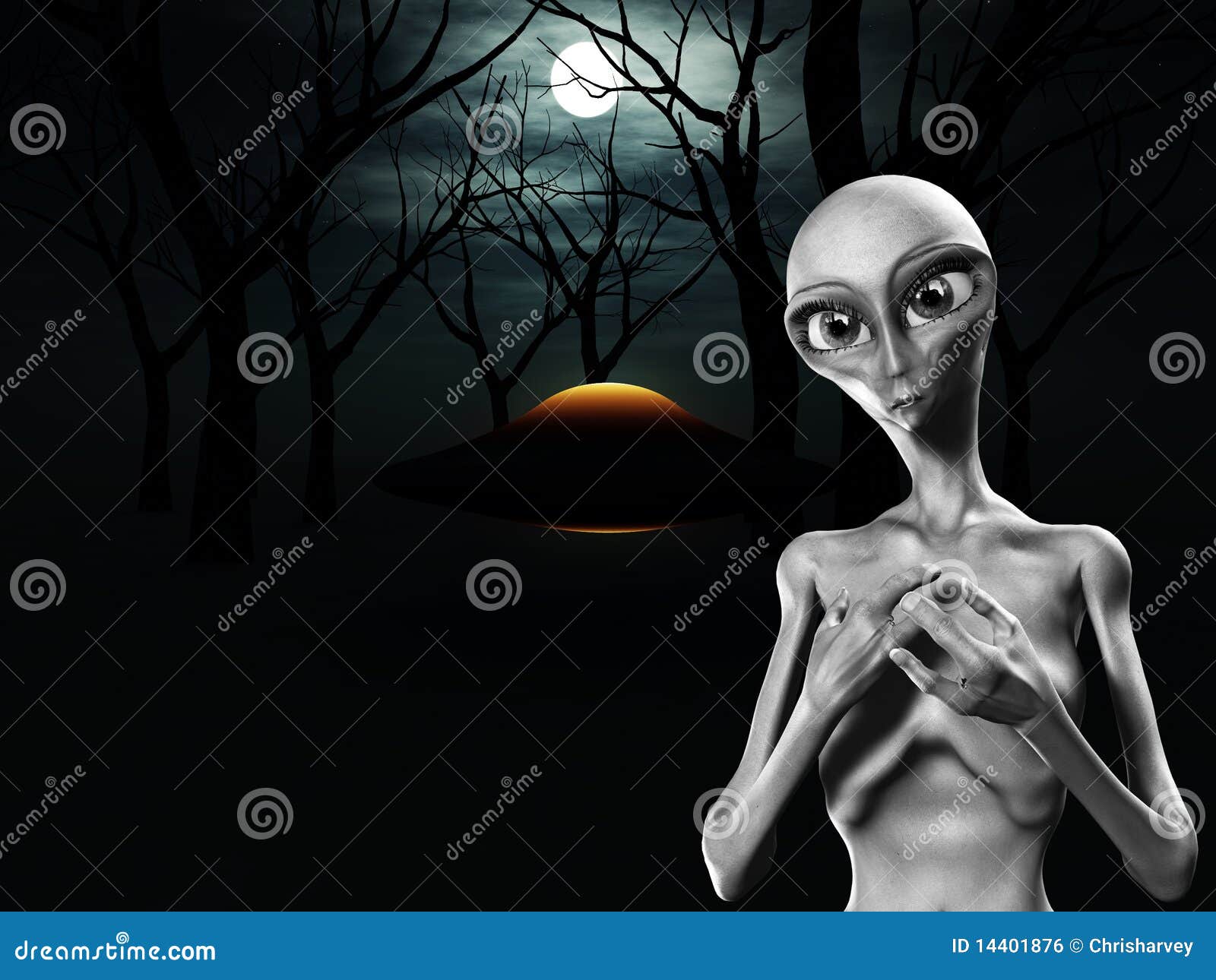 Alien and UFO in Forest stock illustration. Illustration of environment ...