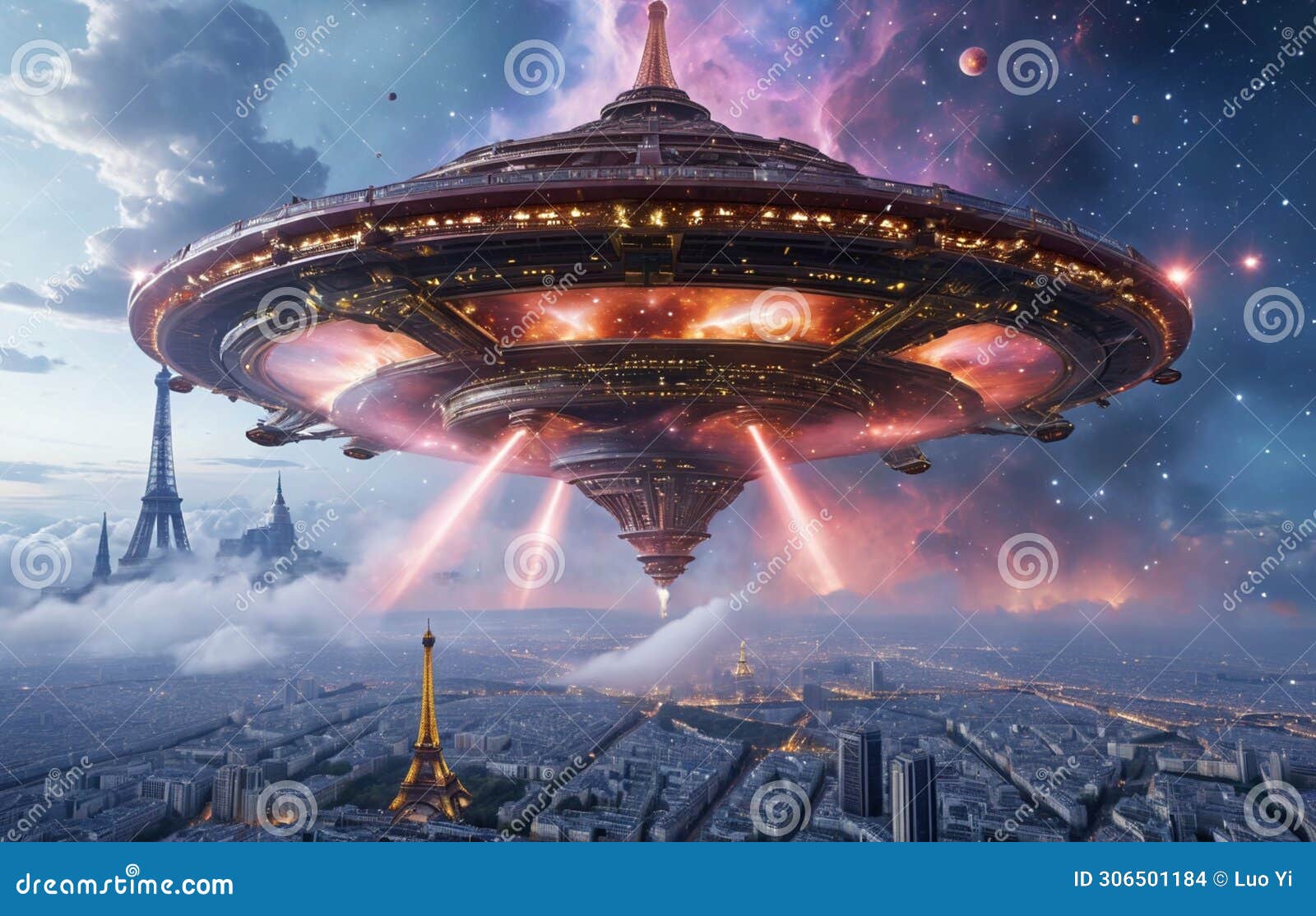 Alien UFO Space Ship Above Paris, Stock Illustration - Illustration of ...