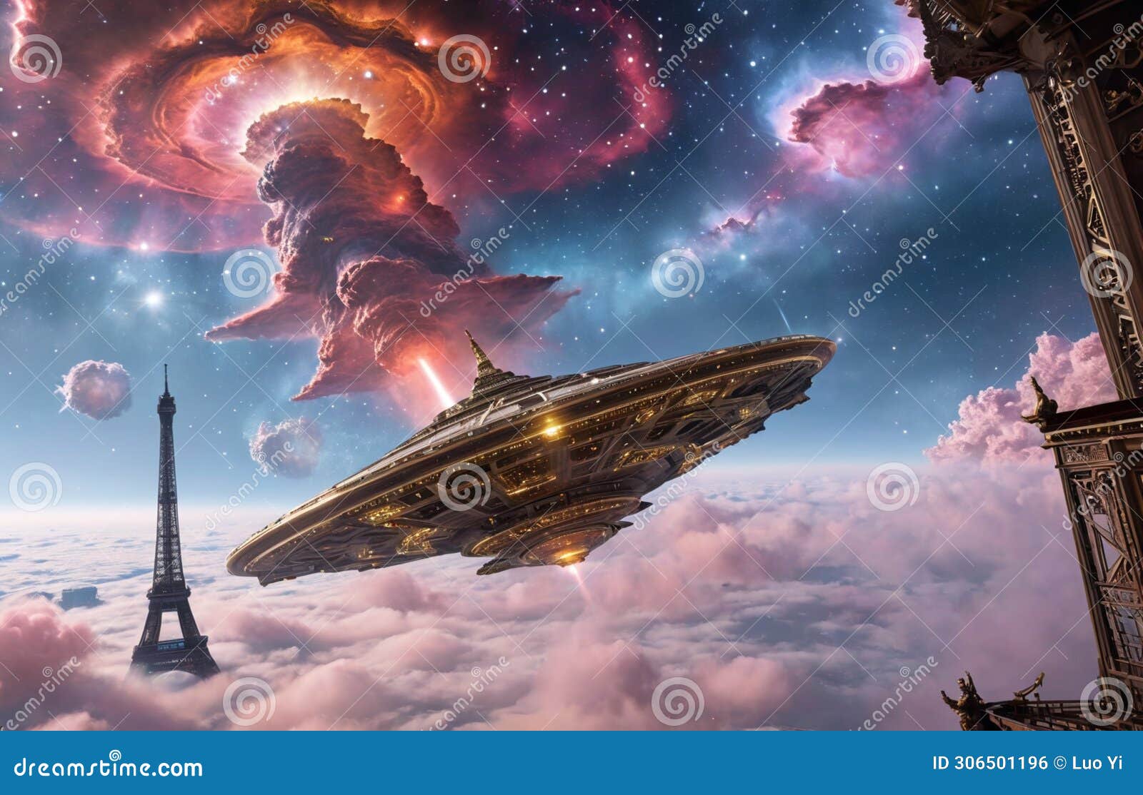 Alien UFO Space Ship Above Paris, Stock Illustration - Illustration of ...