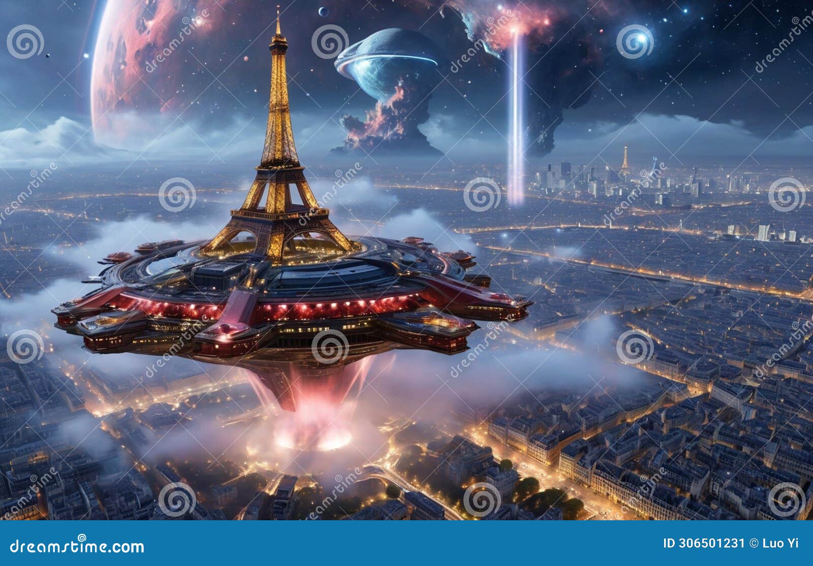 Alien UFO Space Ship Above Paris, Stock Illustration - Illustration of ...