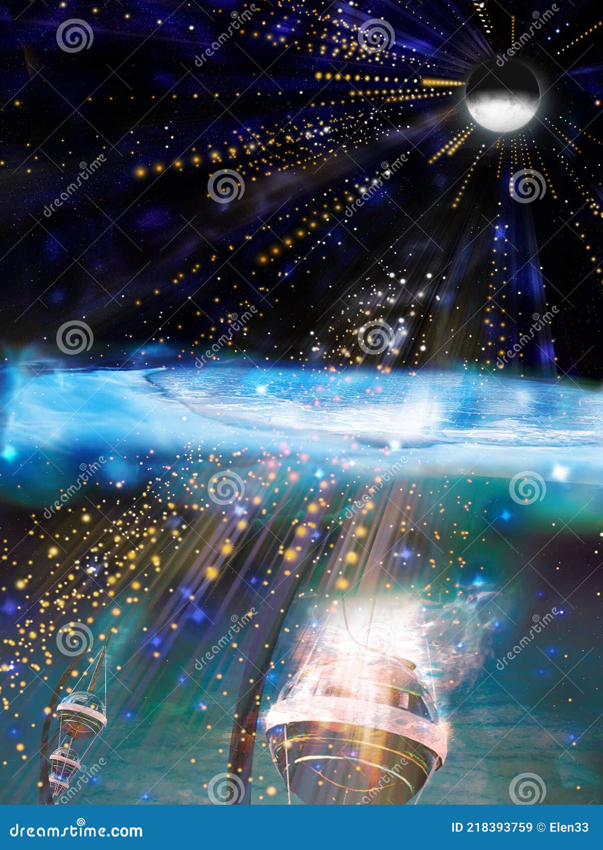 Alien UFOs from the Moon Fly and Dive Underwater. Stock Image - Image ...