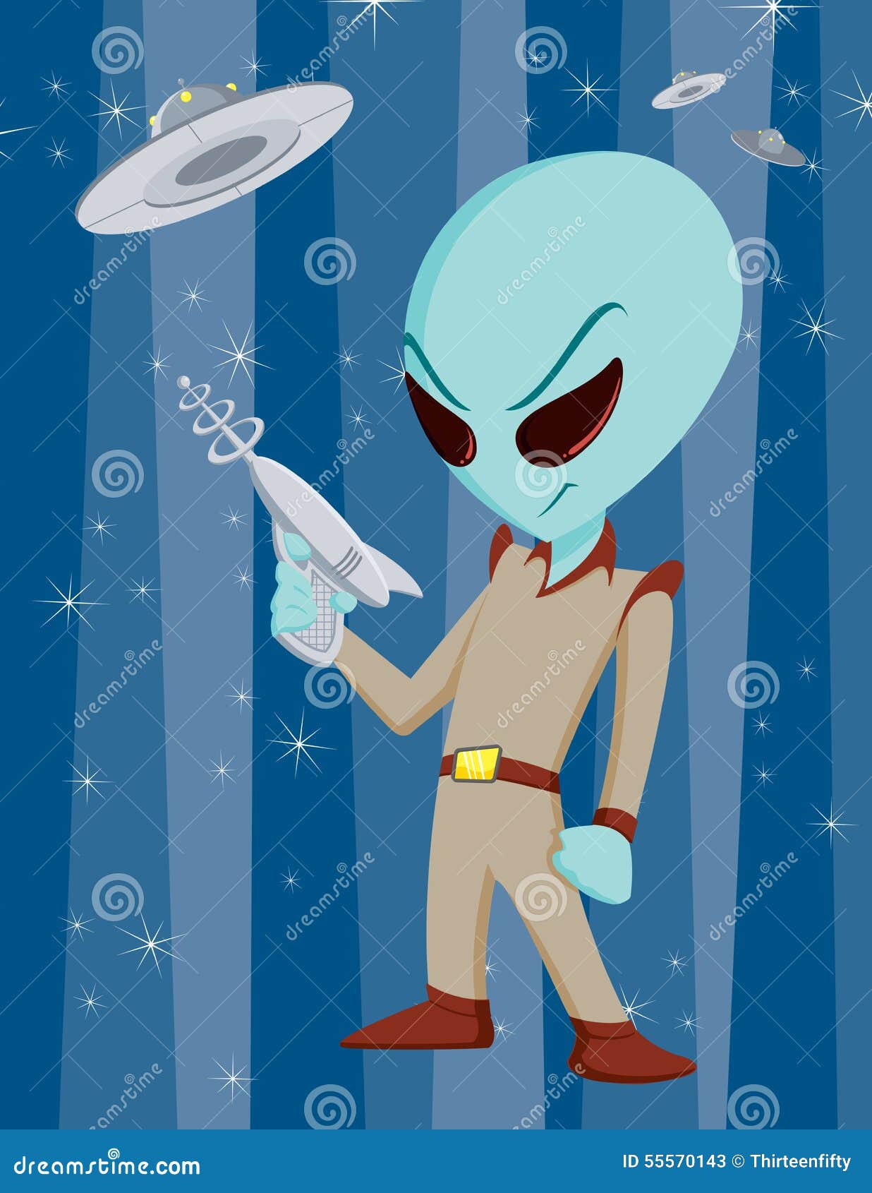 Retro Outer Space Alien Holding a Ray Gun Vector Illustration Cartoon ...