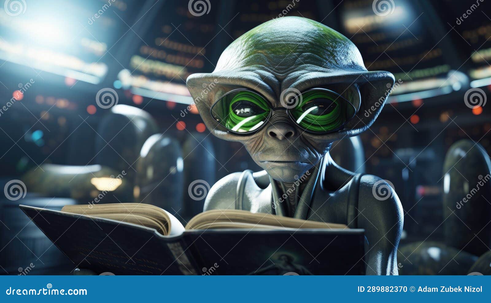 A Alien Wearing Glasses Reading a Book Stock Illustration ...