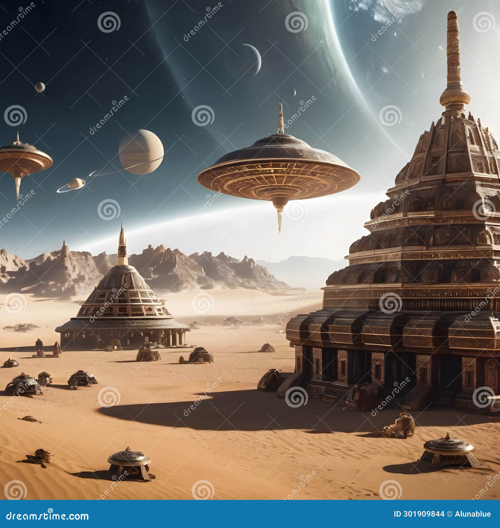 An Alien World with Desert, Pyramids and Planets. Stock Illustration ...