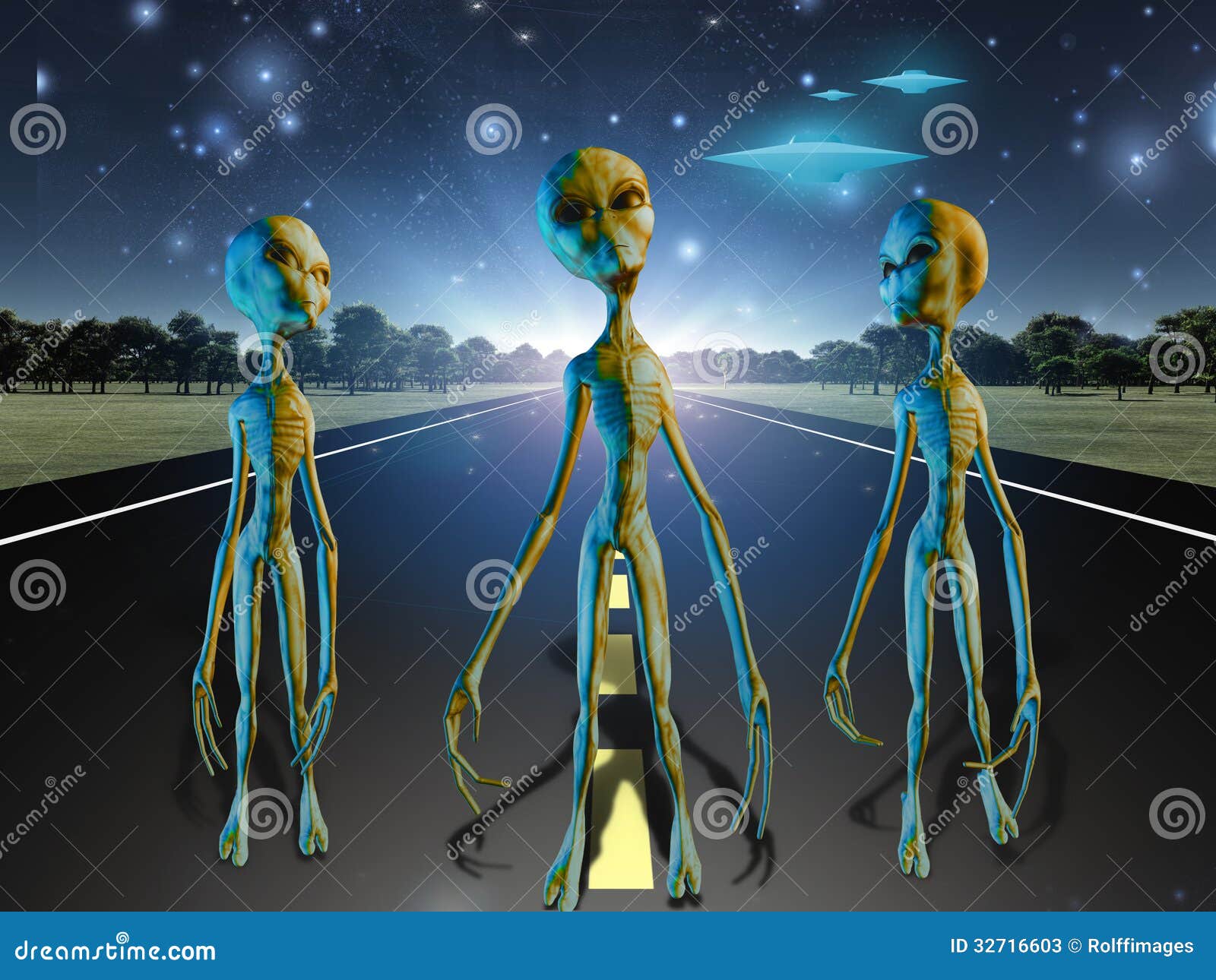Aliens on country road stock illustration. Illustration of green - 32716603