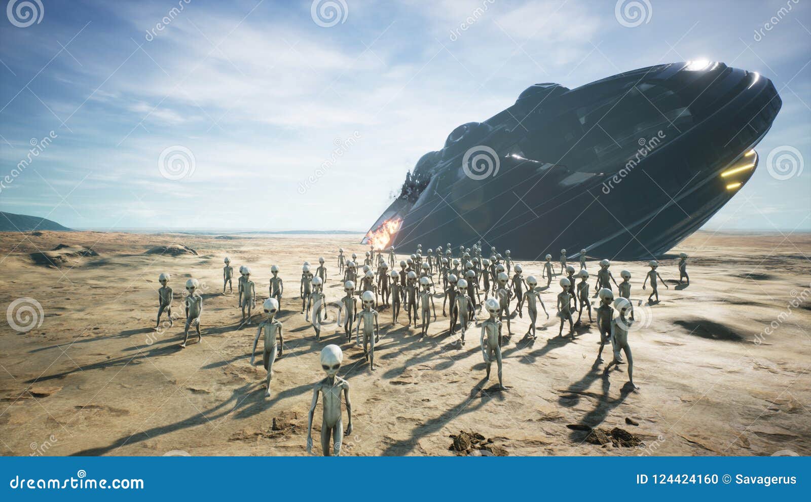 Aliens are Evacuated from a Fallen and Burning Spaceship. 3D Rendering ...