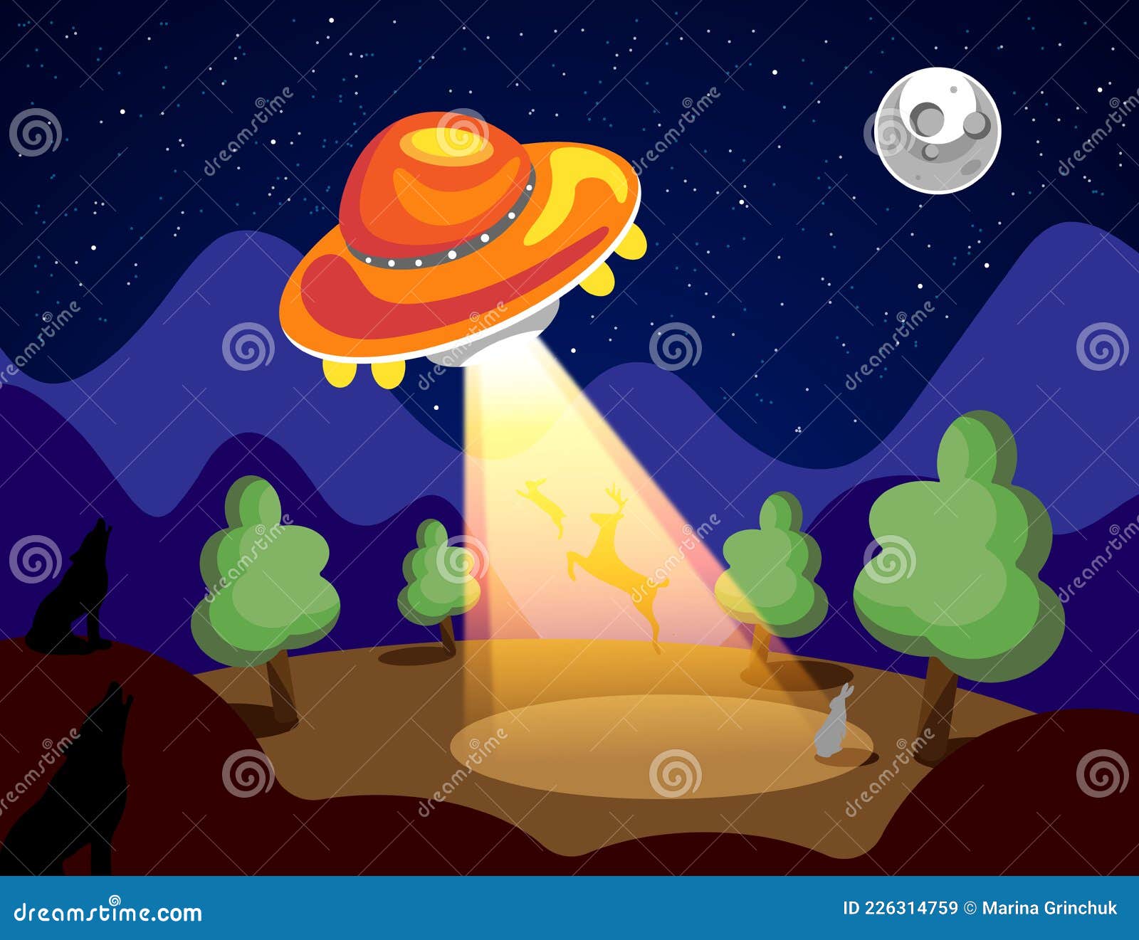 Aliens on a Flying Saucer Pick Up Animals in the Forest Stock Vector ...