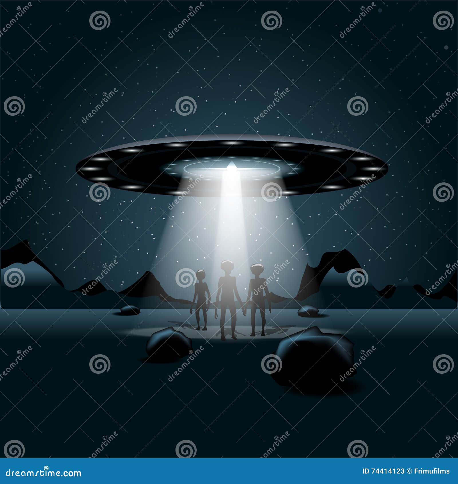 Aliens on a Planet, a Flying Unidentified Ship with Light Stock ...