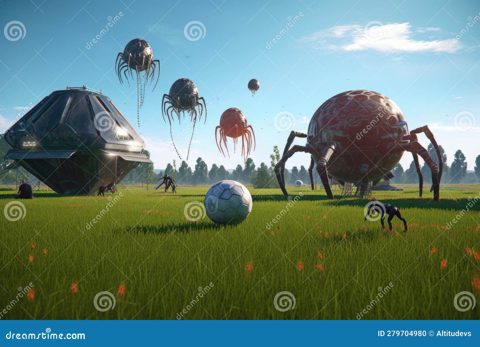 Aliens Playing Ball Game in Open Field, with Their Spaceship in the ...