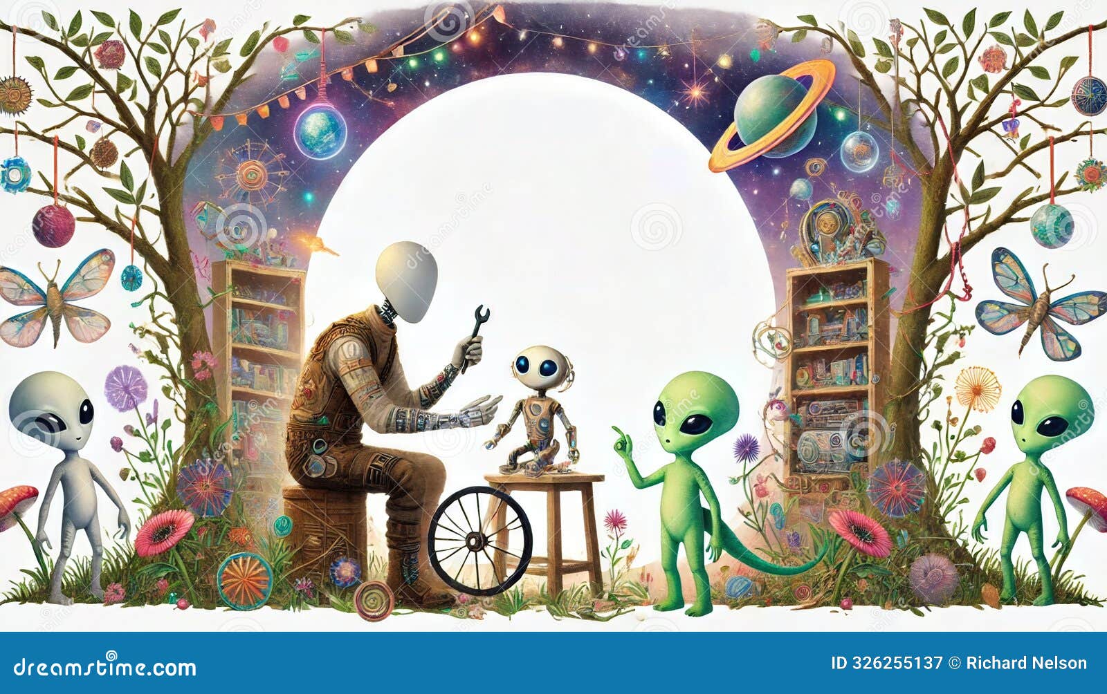 Aliens and Robot in Workshop Stock Illustration - Illustration of ...