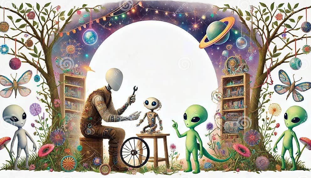 Aliens and Robot in Workshop Stock Illustration - Illustration of ...