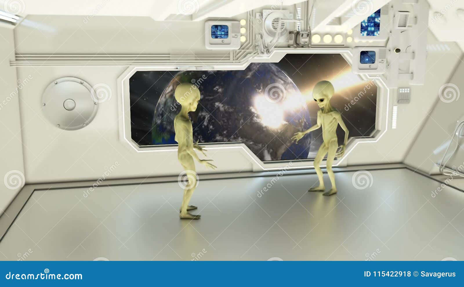 Aliens on a Spaceship Arguing on Background Exploding Planet Earth ...