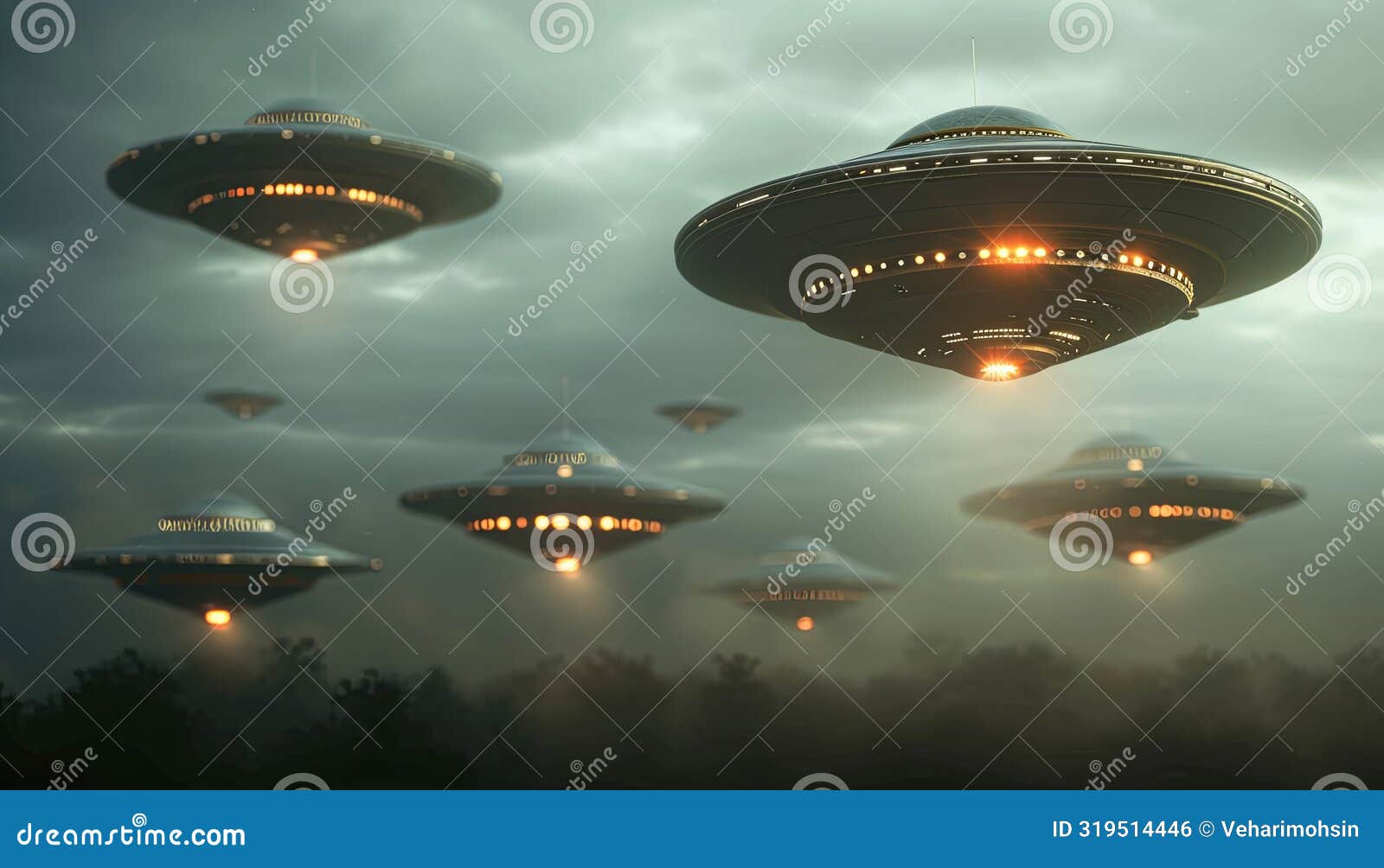Aliens Spaceships Like A Locust. Science Fiction Illustration. Royalty ...