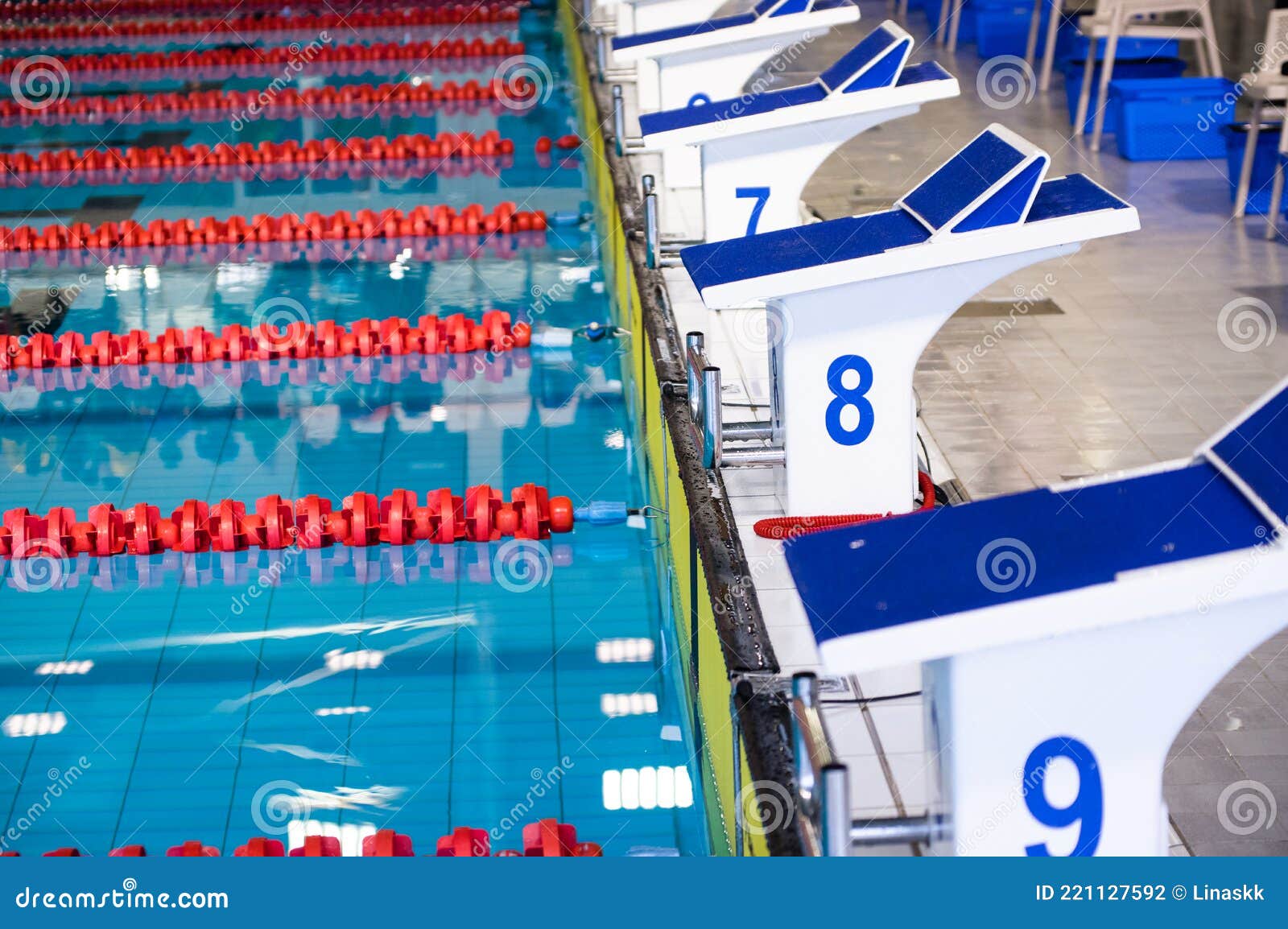 Aligned Swimming Starting Block and Platform with Numbers Stock Photo ...