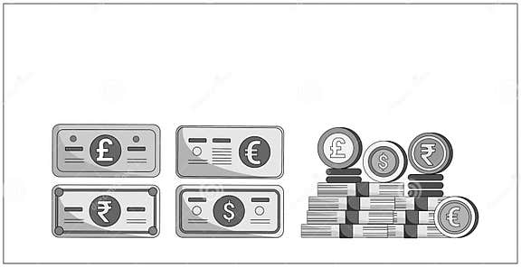 Dollar, Pound, Rupee and Euro Coin and Bank Note Line Art Vector ...