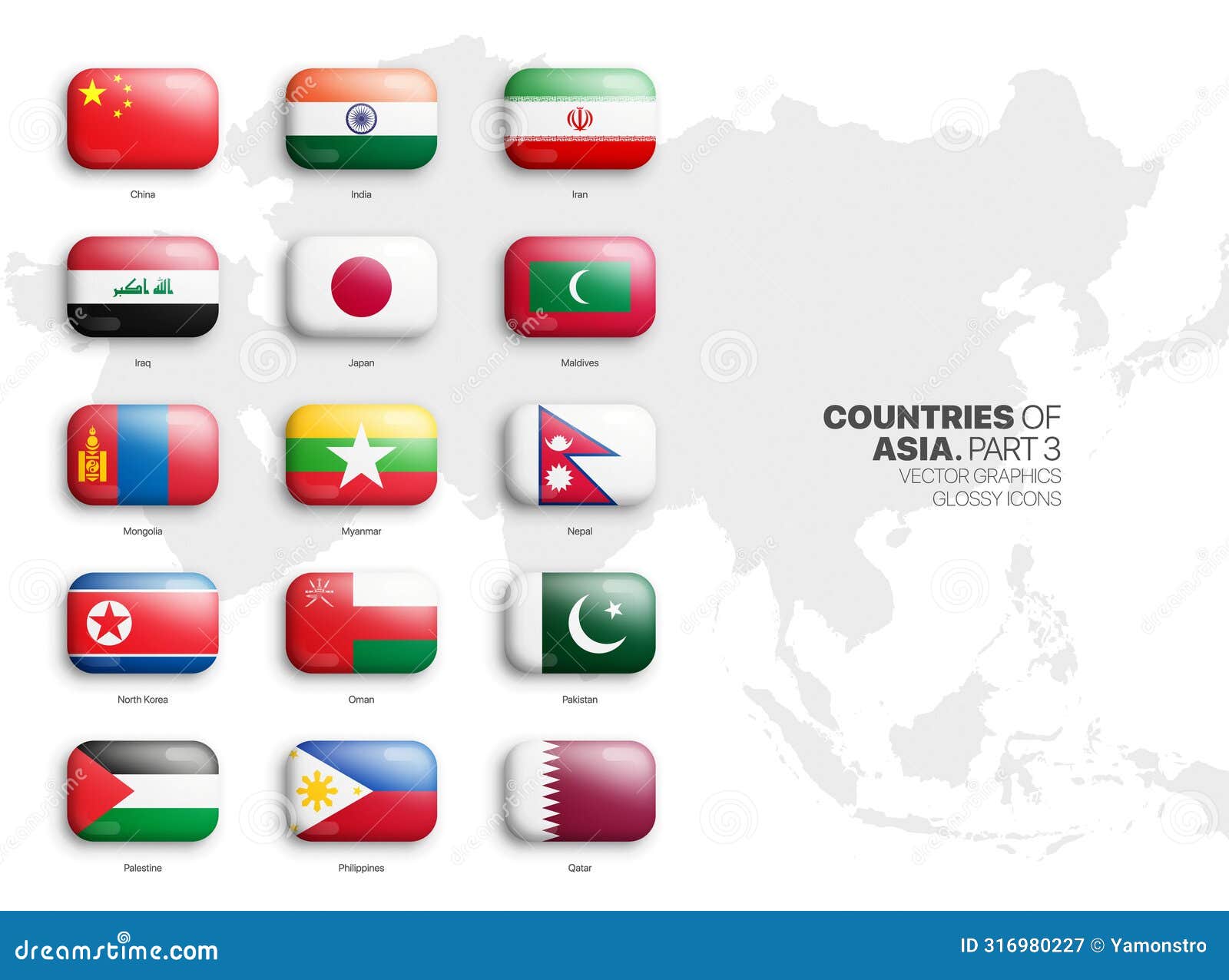 All Asian Countries Flags Vector 3D Rounded Glossy Icons Set Isolate on ...
