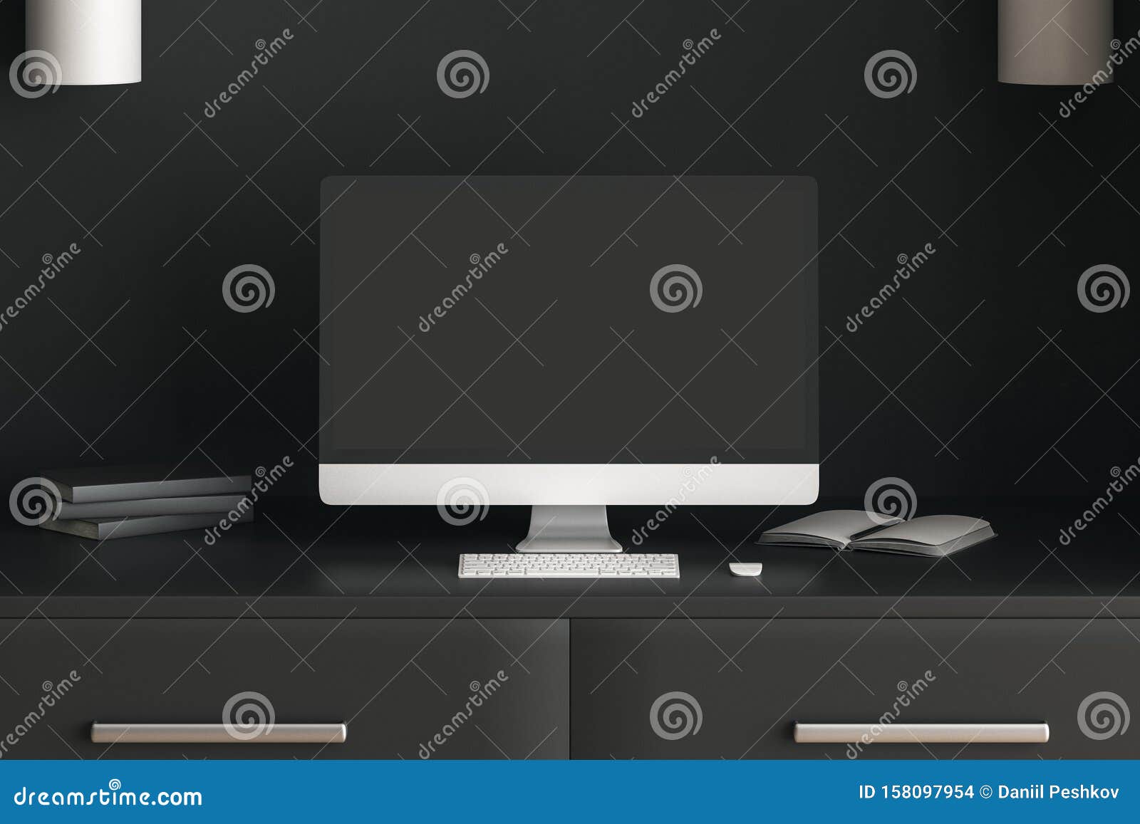 All Black Concept with Modern Workspace with Personal Computer, Books ...