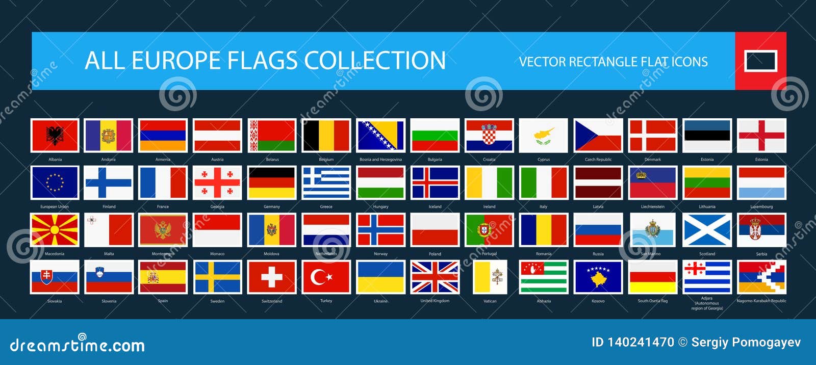 All Europe Flags Rectangle Flat Icons Isolated on Black Stock ...