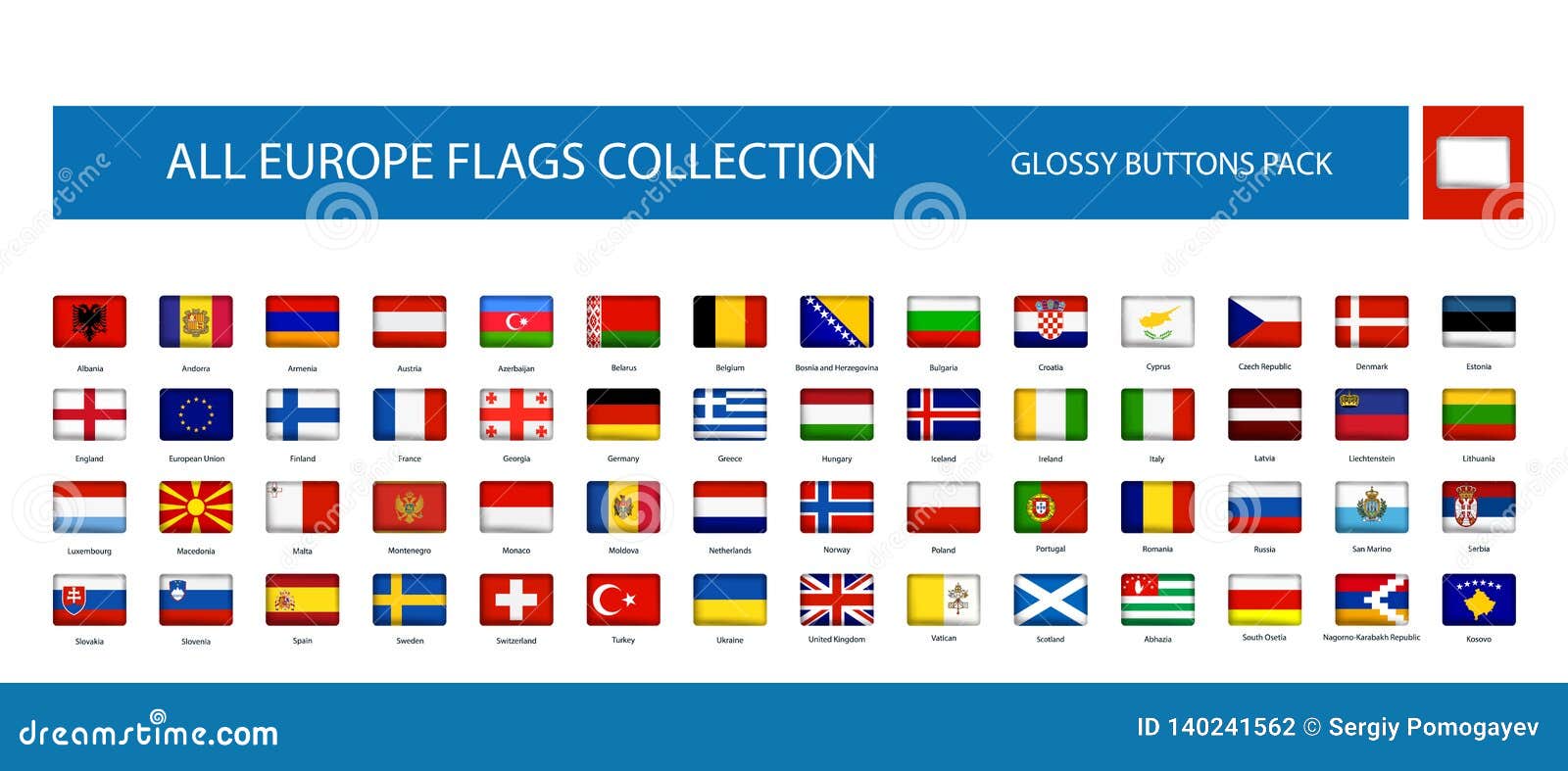 All Europe Flags Round Rectangle Glossy Icon Isolated on White Stock ...