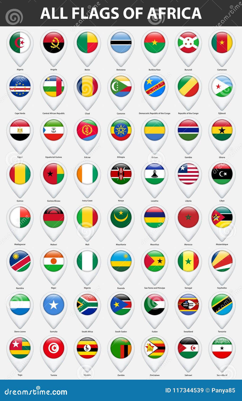 Africa Pointer Flag Icons With African Map Set2 Vector Illustration ...