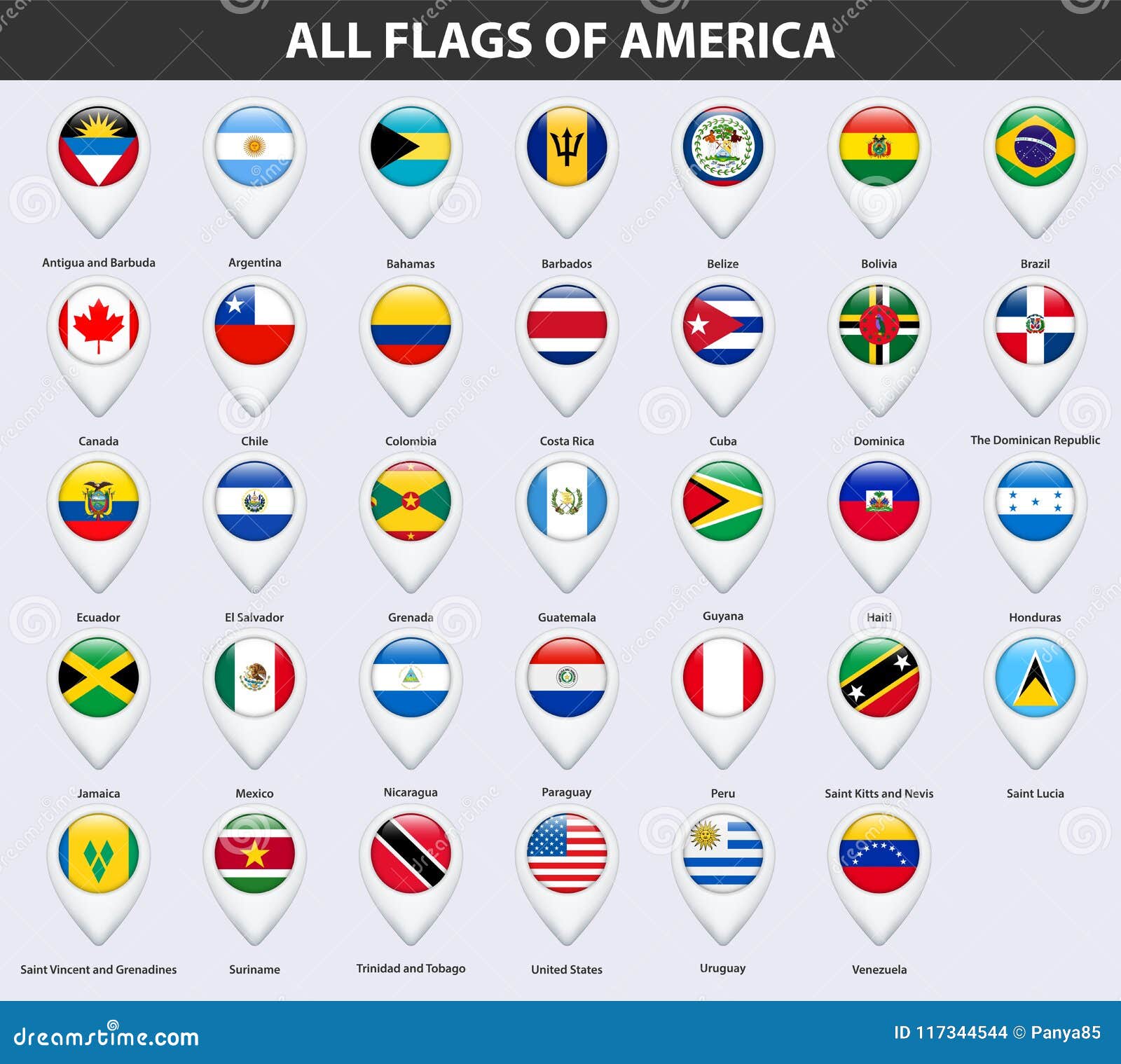 All Flags of the Countries of America. Pin Map Pointer Glossy Style ...