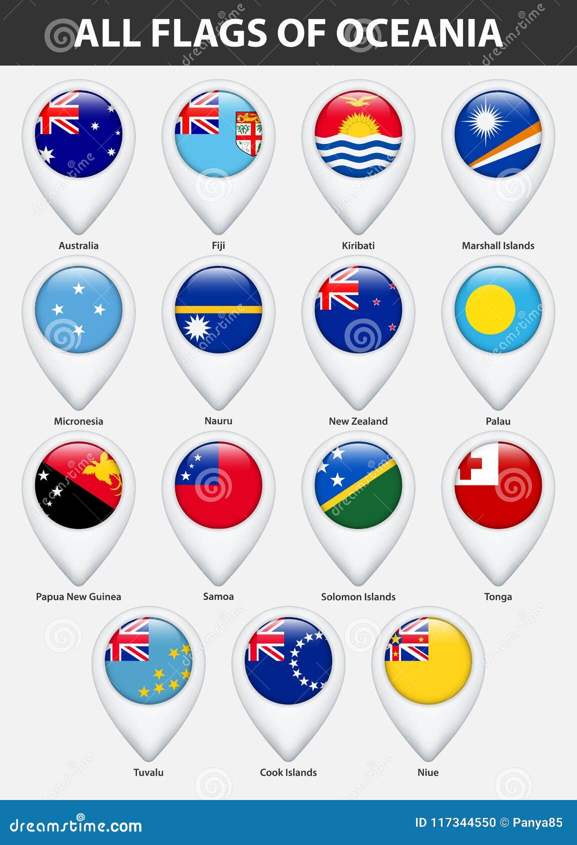 All Flags of the Countries of Oceania. Pin Map Pointer Glossy Style ...