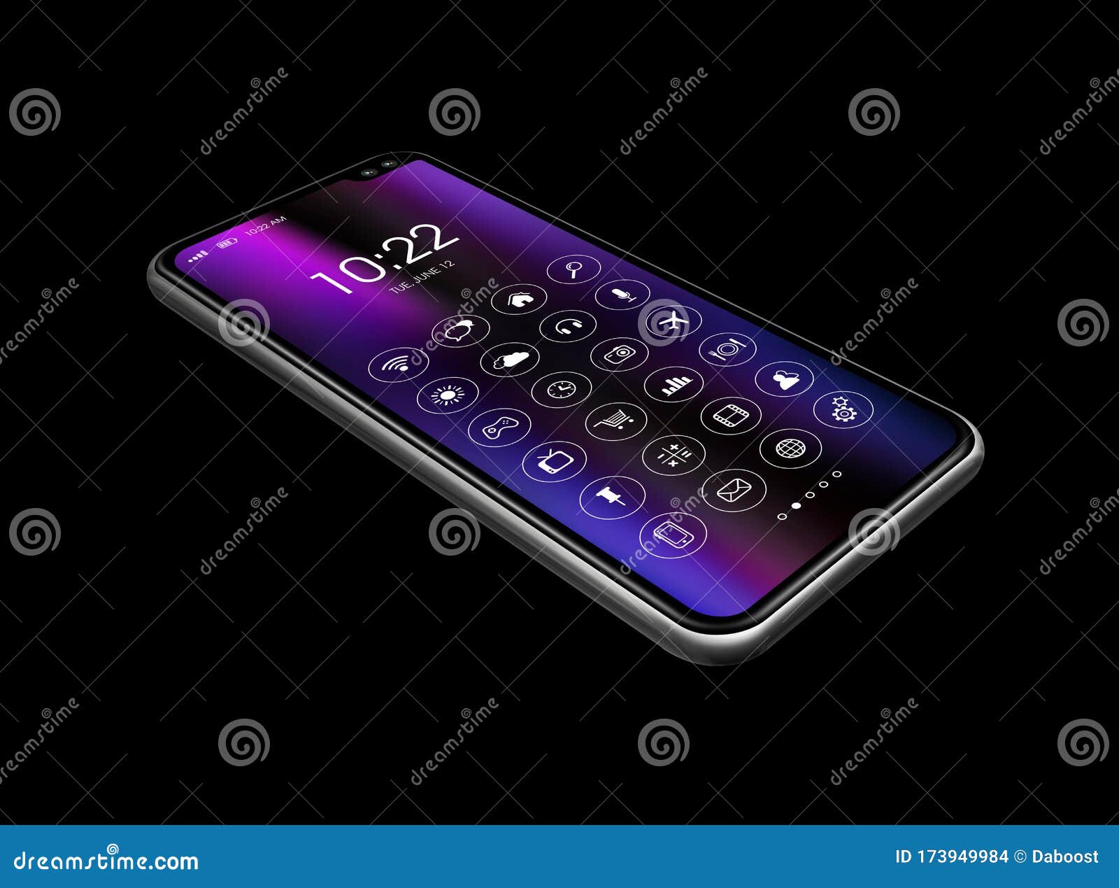 All Screen Smartphone with Icon Set Isolated on Black. 3D Render Stock ...