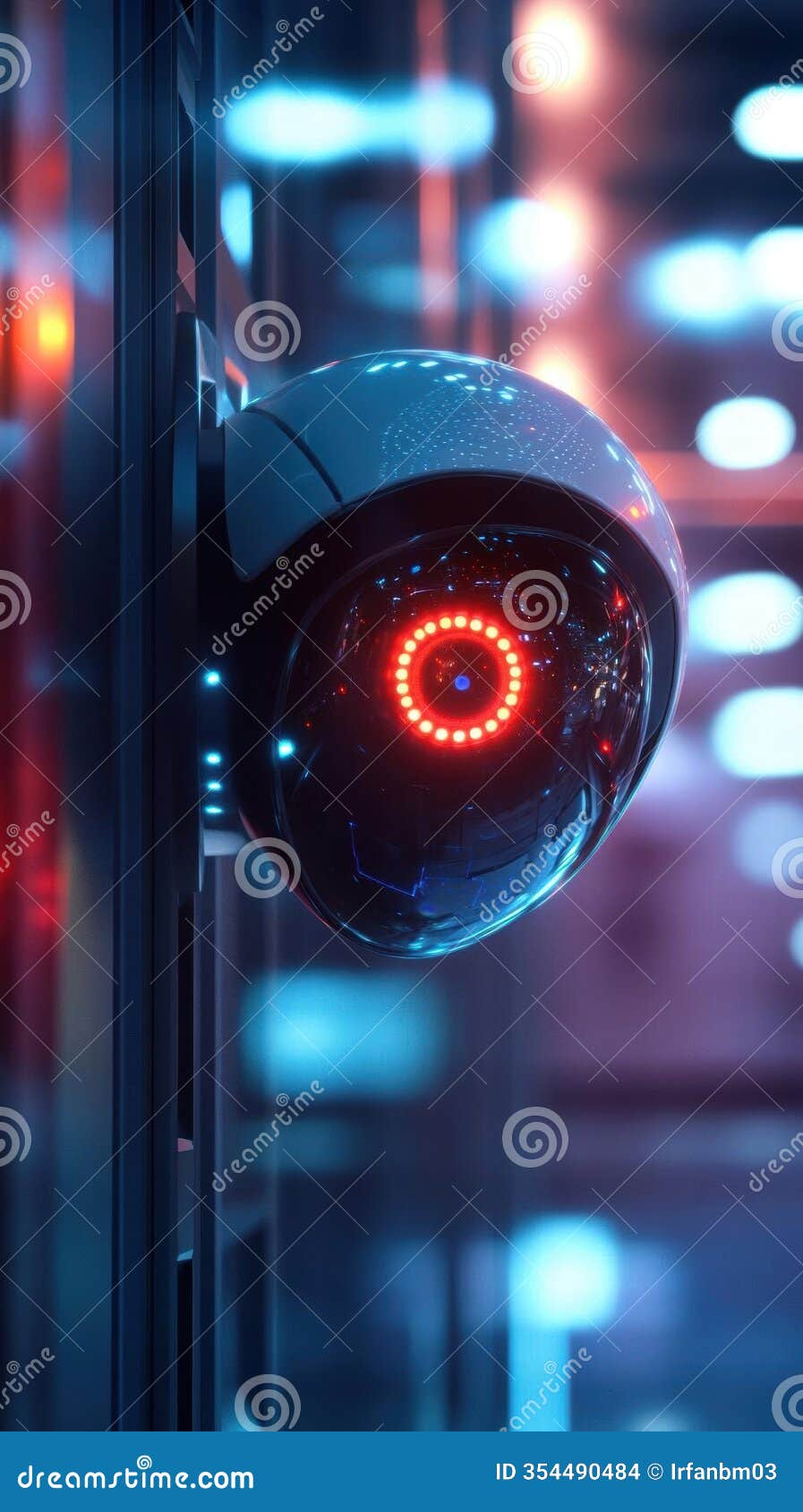 The All-Seeing Eye, a Surveillance Camera in a Neon-Lit City Stock ...