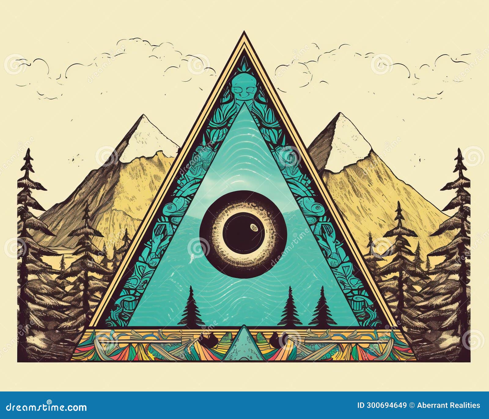 An All Seeing Eye in a Triangle with Mountains and Trees Stock ...