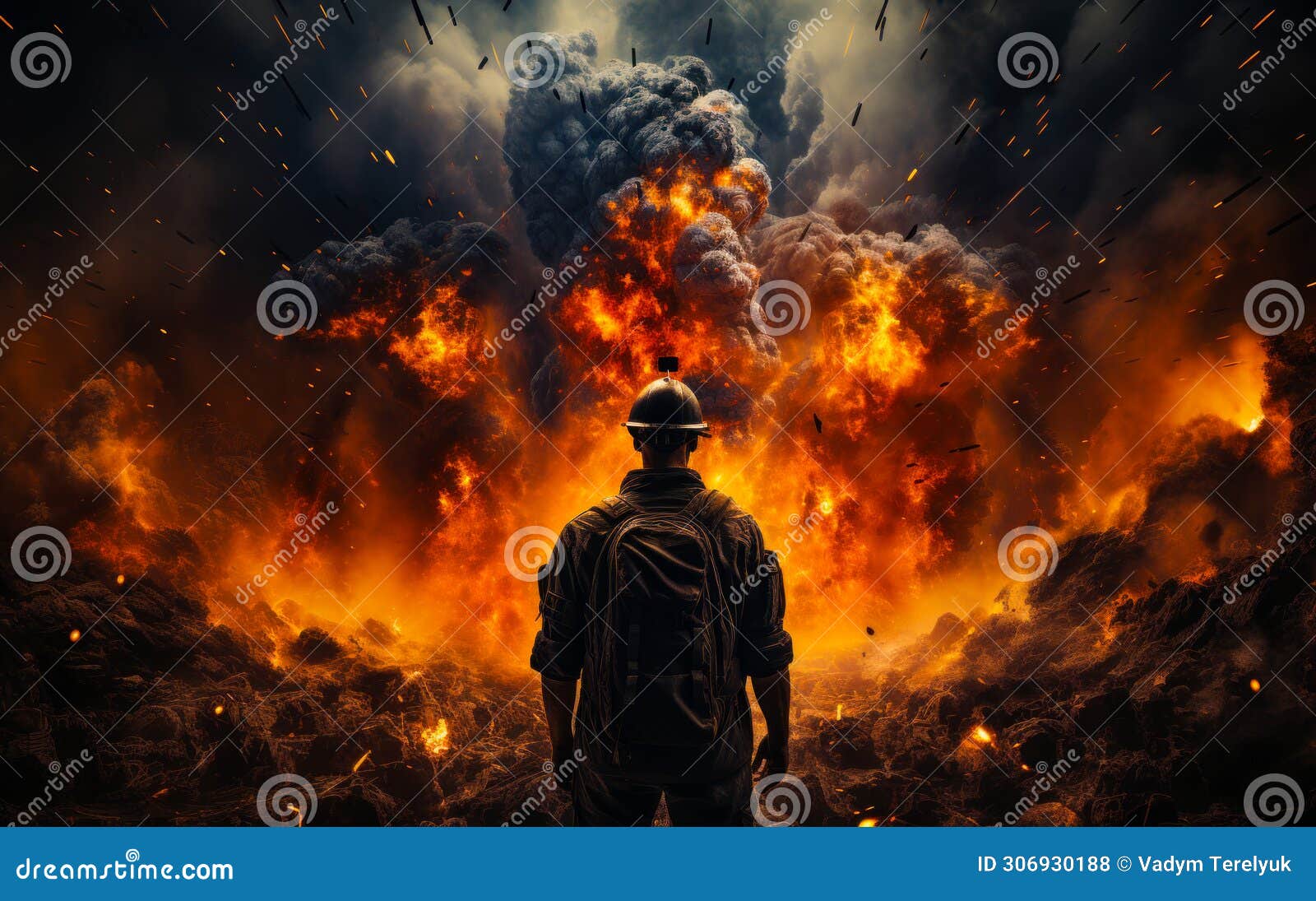 All in a Soldier in Front of an Explosion. a Man Standing in Front of a ...