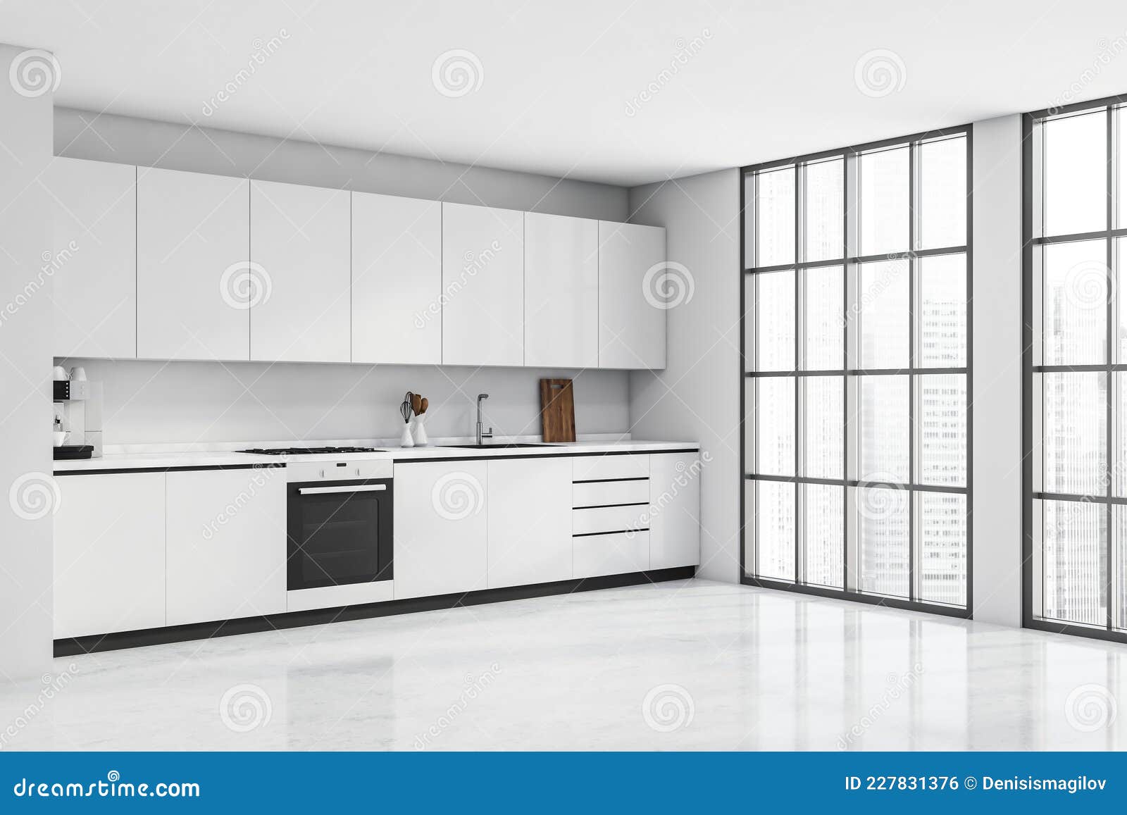 All White Kitchen with Panoramic Windows. Corner View Stock ...